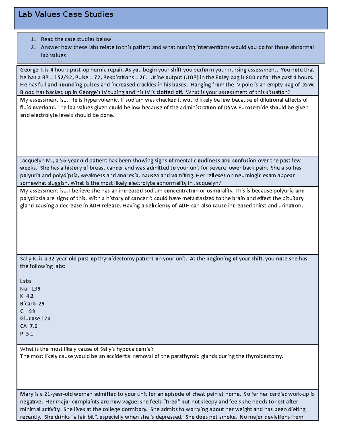 Lab Value Case Studies 1 Student Jacobson - NU 623 - Studocu