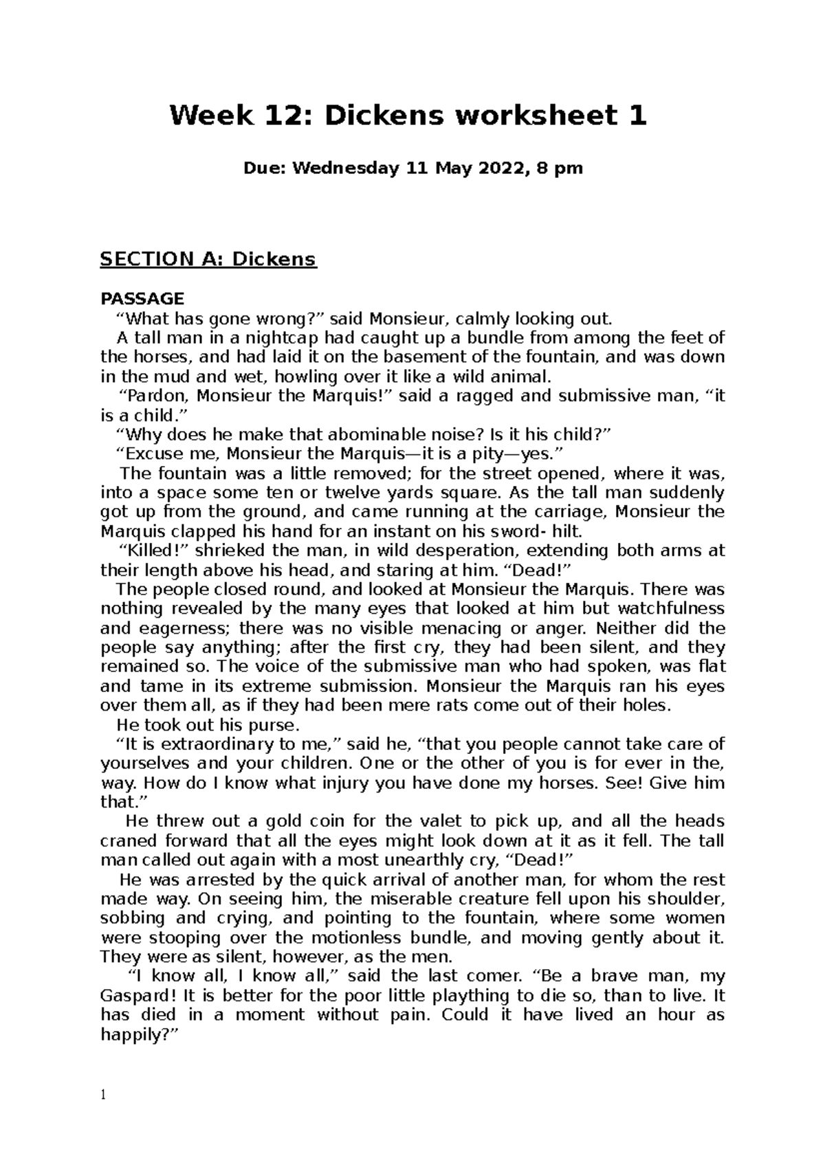 Week 12 Dickens prac 1 - Tale of two Cities worksheet that will make ...