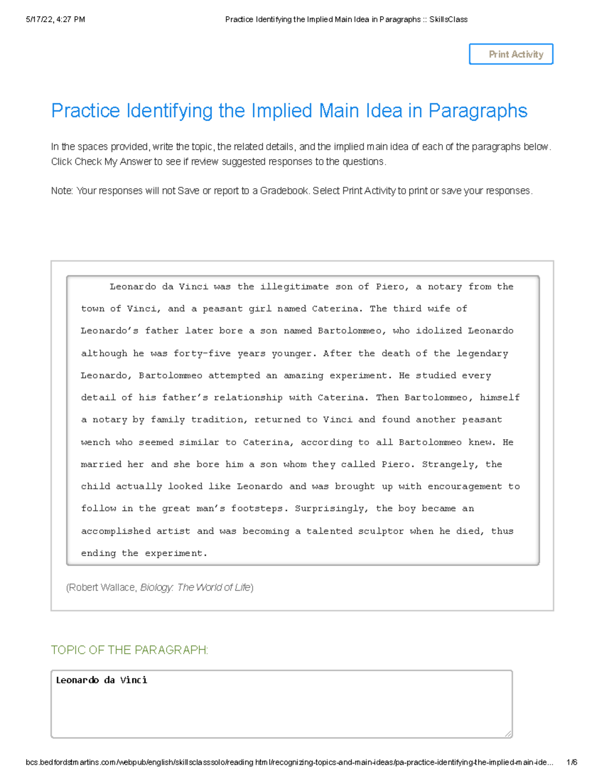 Practice ELC 17 5 1 Practice Identifying The Implied Main Idea In