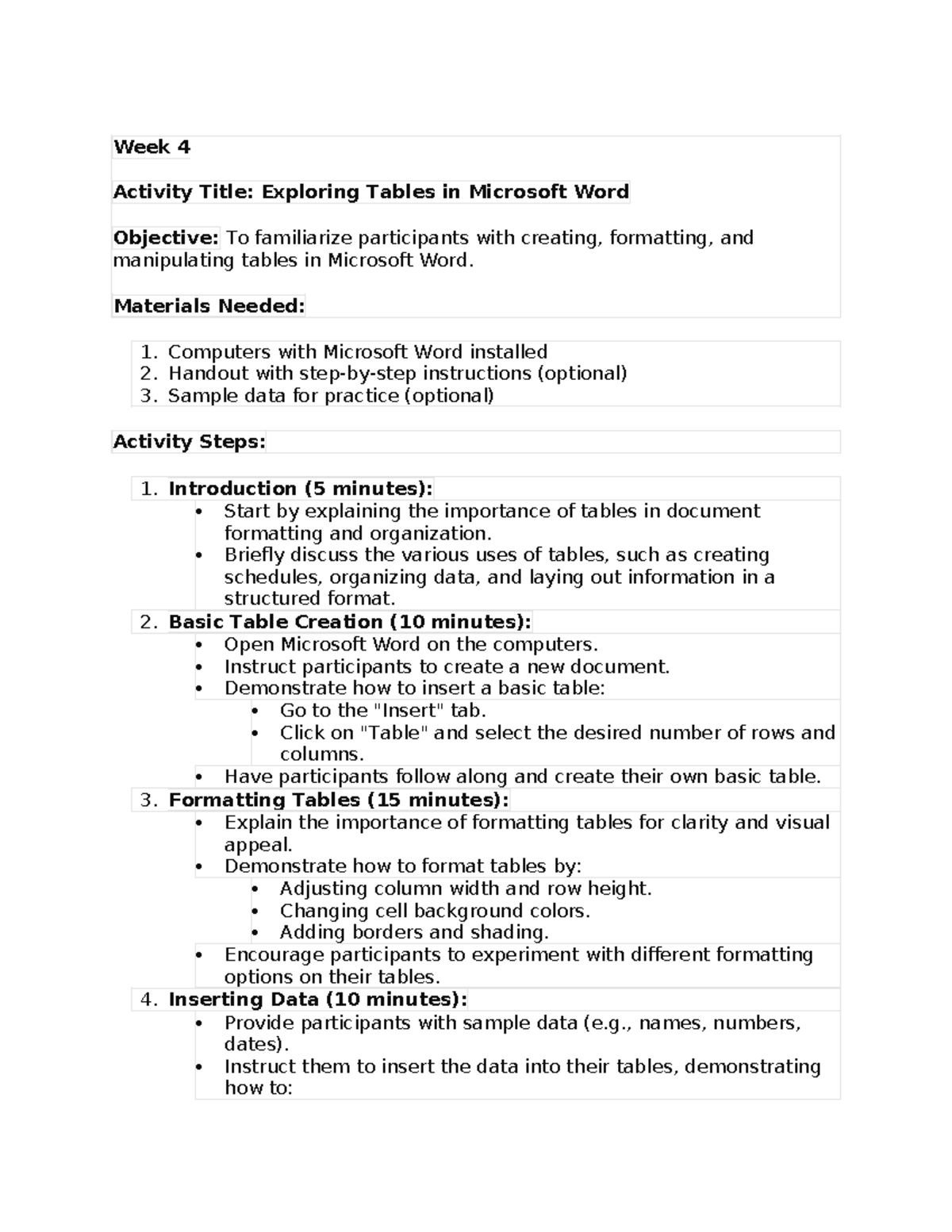 Week 4 - Week 4 Activity Title: Exploring Tables in Microsoft Word ...