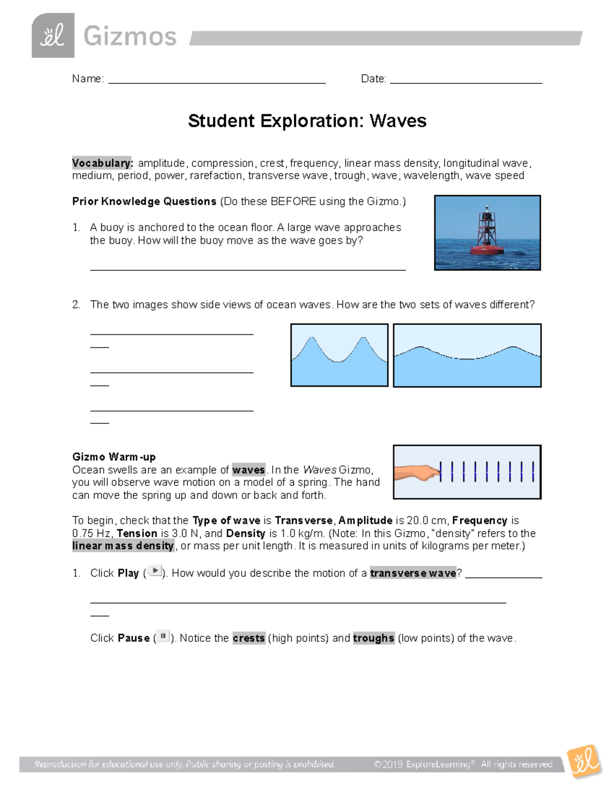 Waves SE Lab .. - Name: Date: Student Exploration: Waves Vocabulary ...