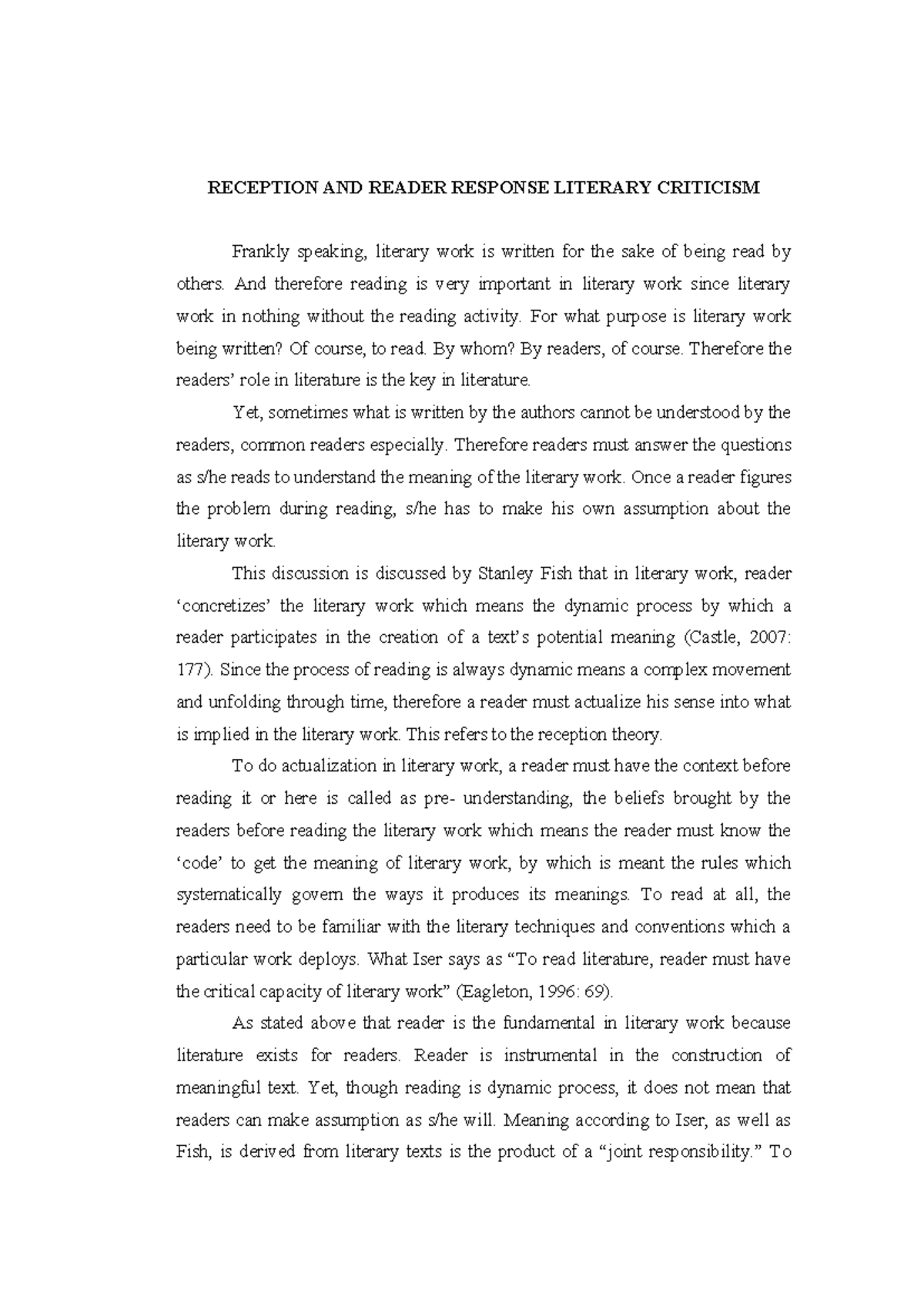 Reception and Reader Response Literary C - RECEPTION AND READER ...