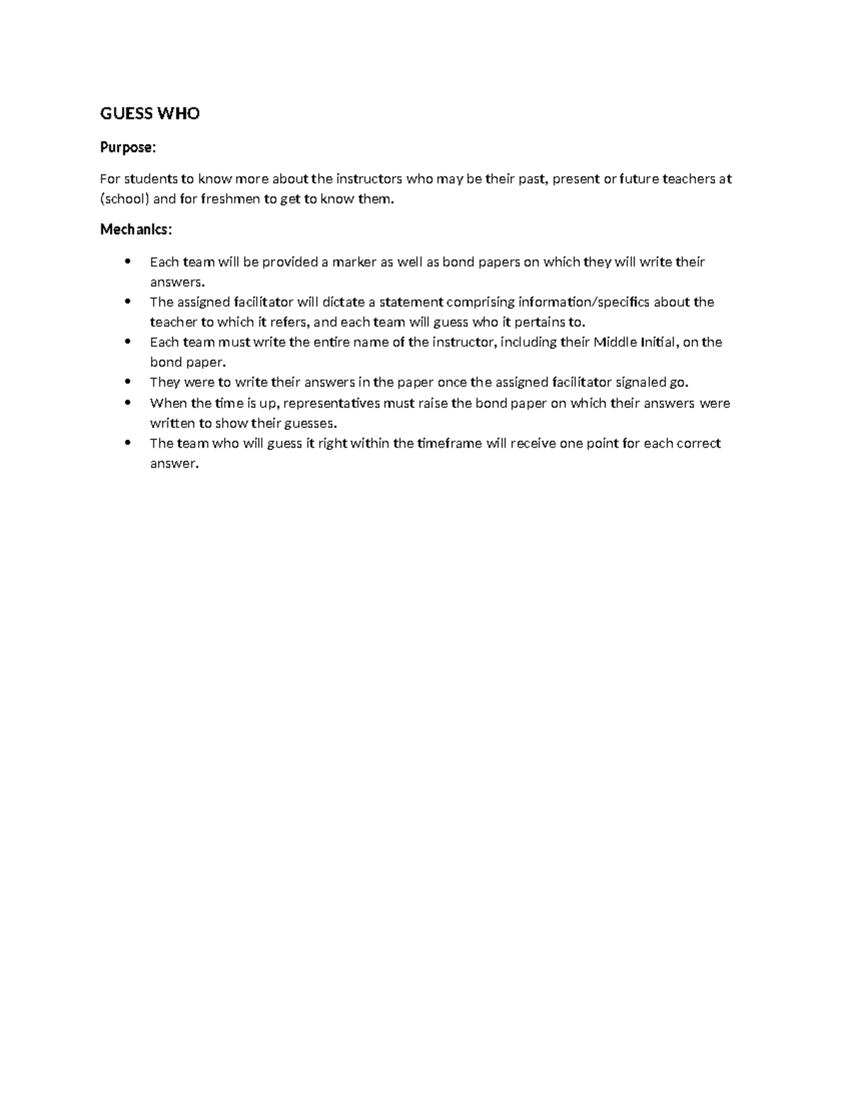 Guess WHO - games - GUESS WHO Purpose: For students to know more about ...