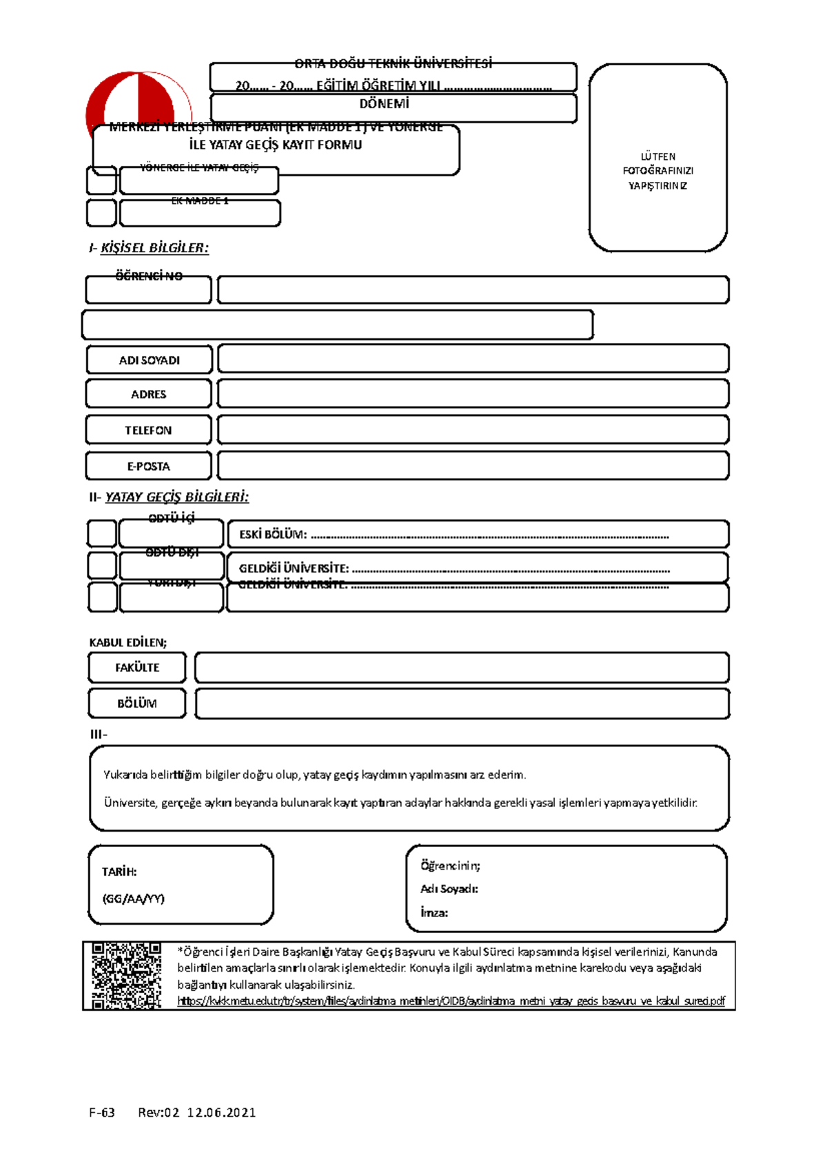 Yatay geçiş kesin kayıt formu - TARİH: (GG/AA/YY) I- KİŞİSEL BİLGİLER ...
