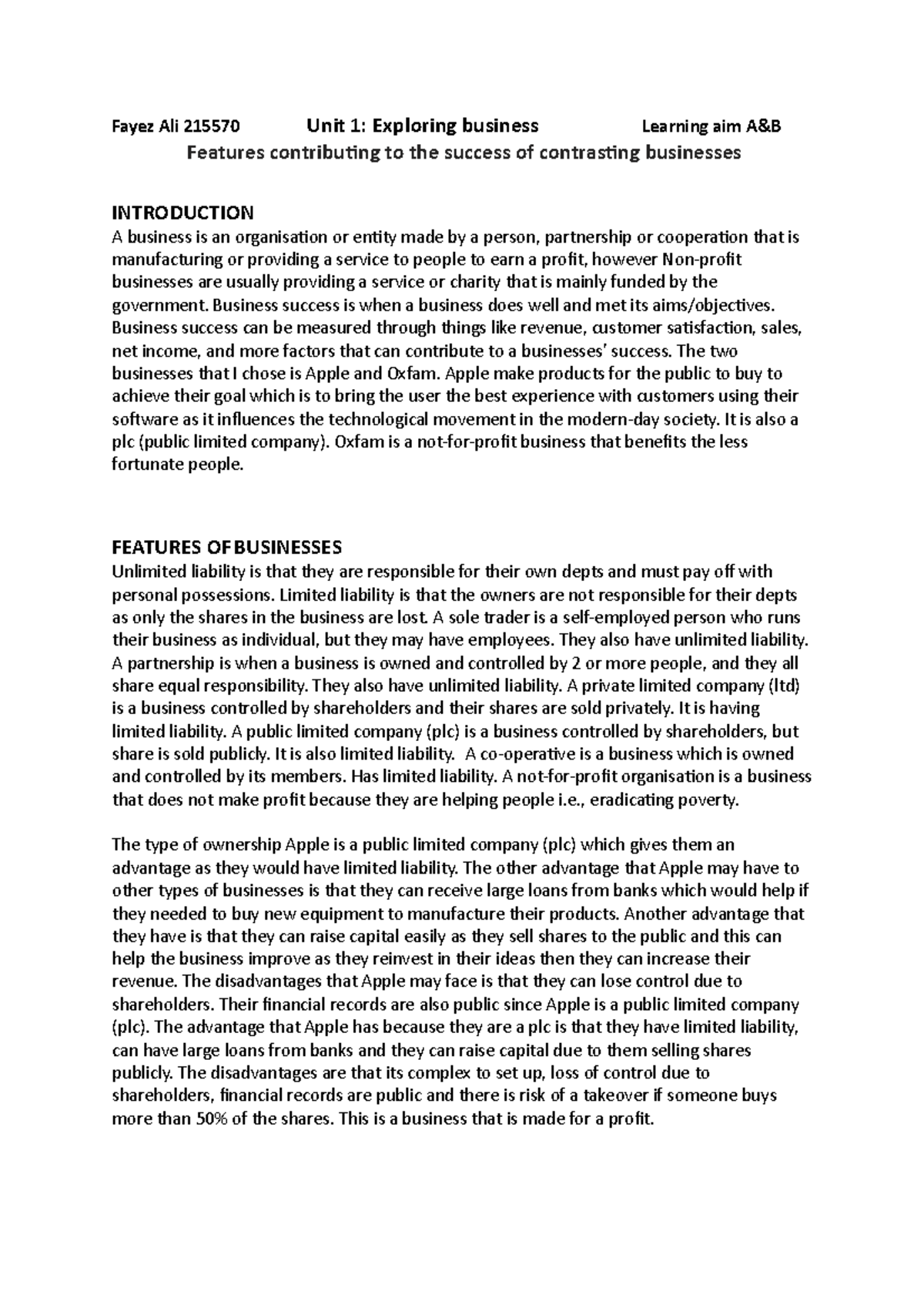 Unit1-assignment A and B - Fayez Ali 215570 Unit 1: Exploring business ...