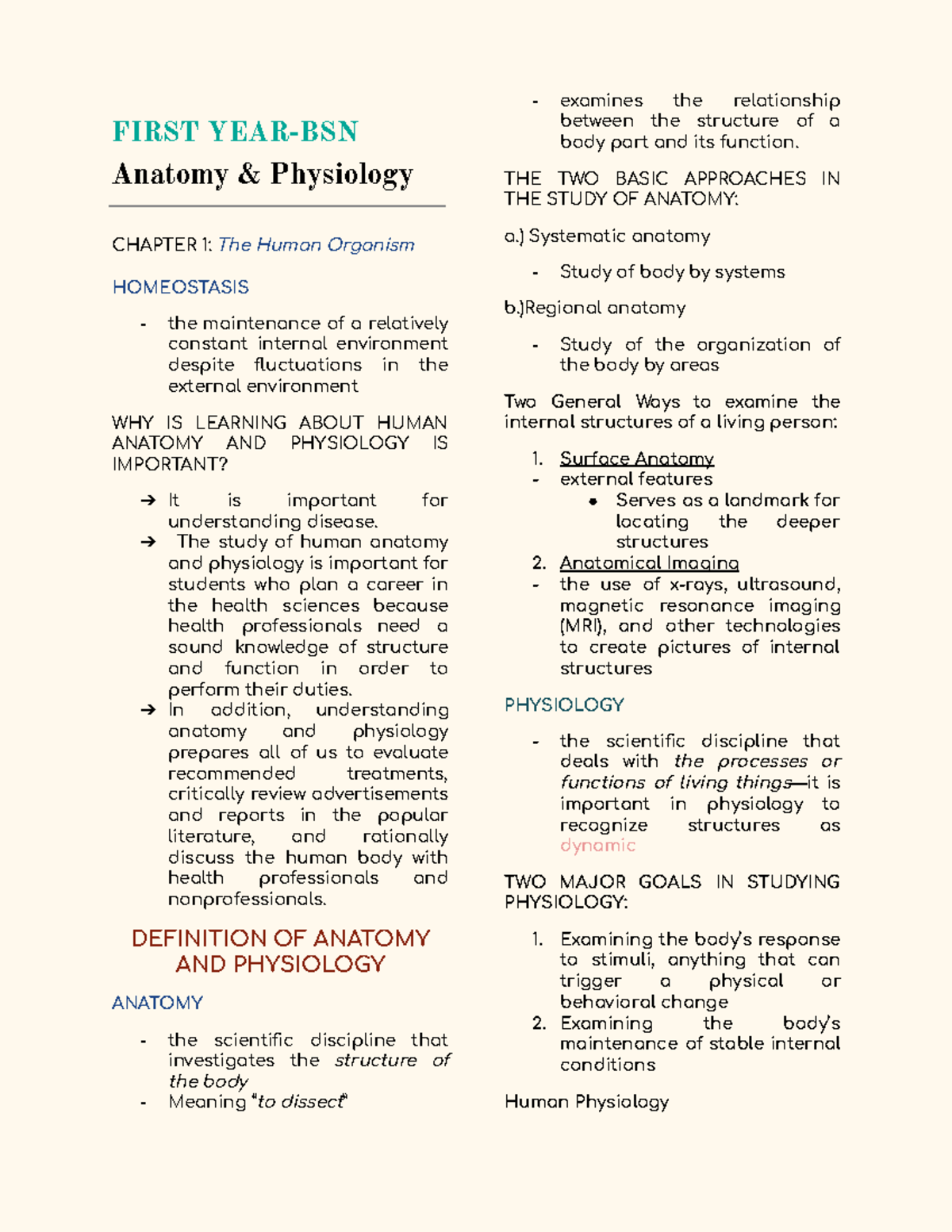 Anaphy-Human Organism - FIRST YEAR-BSN Anatomy & Physiology CHAPTER 1 ...