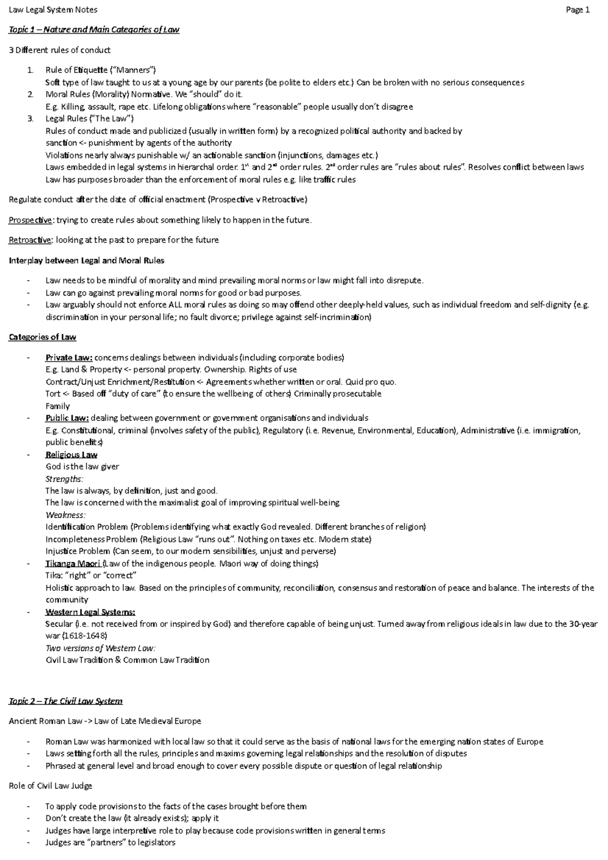 Law Legal Systems Exam Notes - Law Legal System Notes Page 1 Topic 1 ...