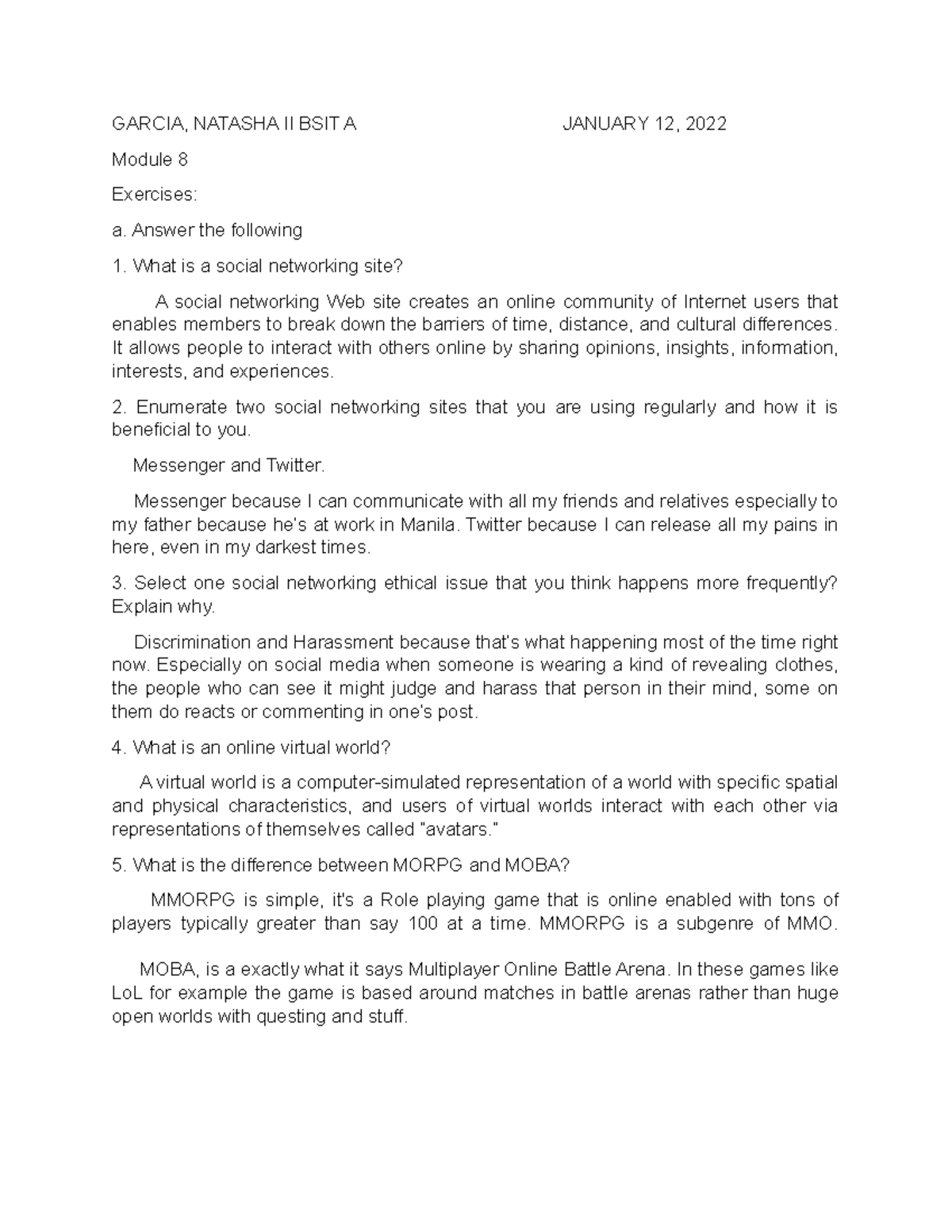 Module(8) Learning Activity 1 N - GARCIA, NATASHA II BSIT A JANUARY 12 ...
