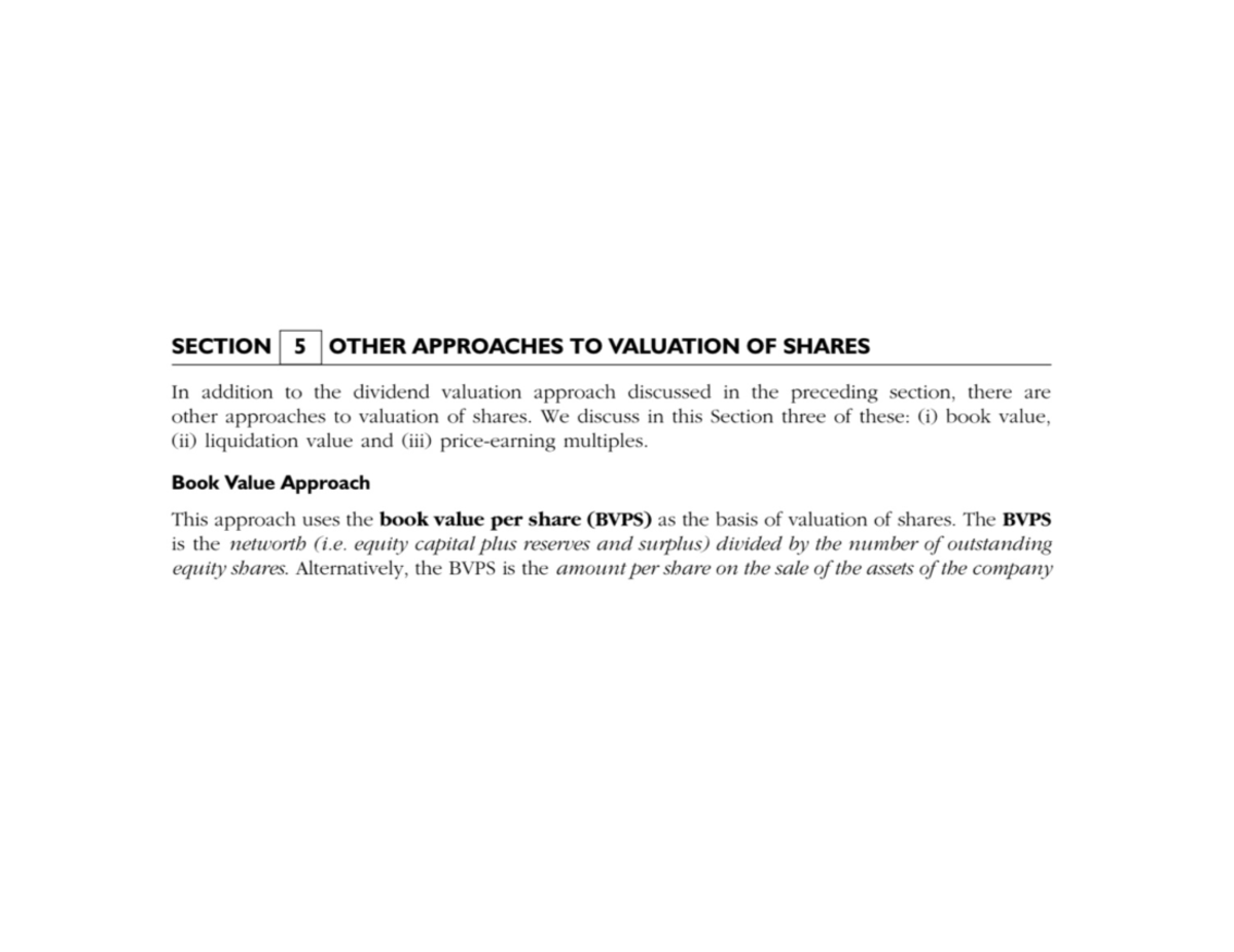 Other Approaches TO Valuation OF Shares - Financial Management - Studocu