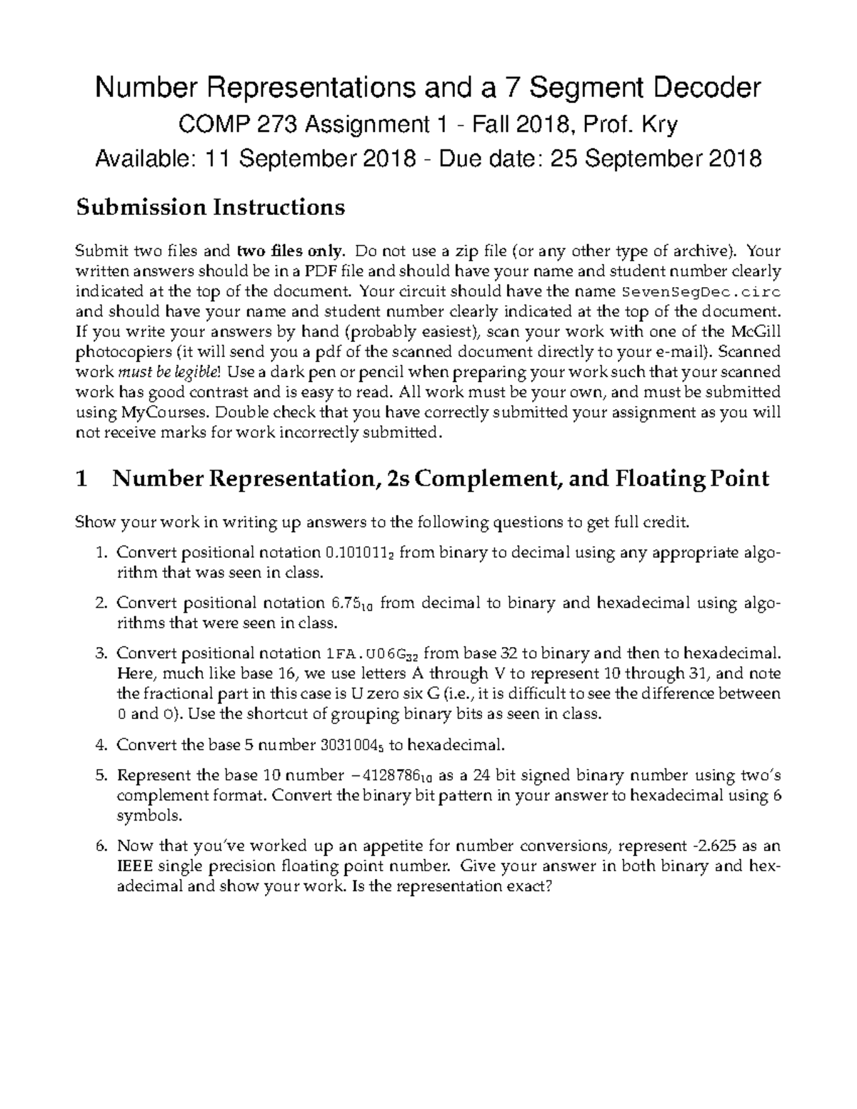 COMP273F18A1 - Number Representations and a 7 Segment Decoder COMP 273 Assignment 1 - Fall 2018 ...