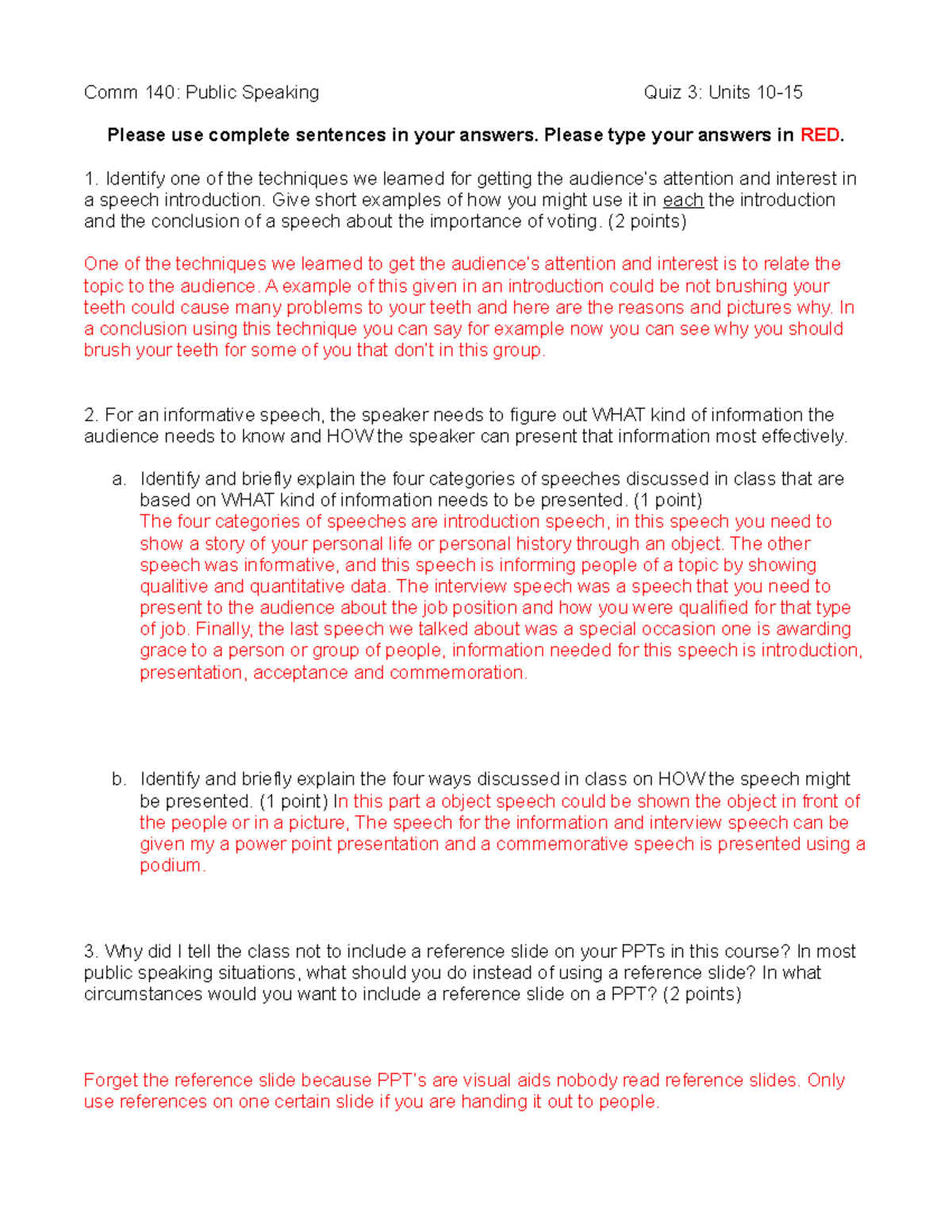 Quiz 3 Fall 2022 - quiz three for class - Comm 140: Public Speaking ...