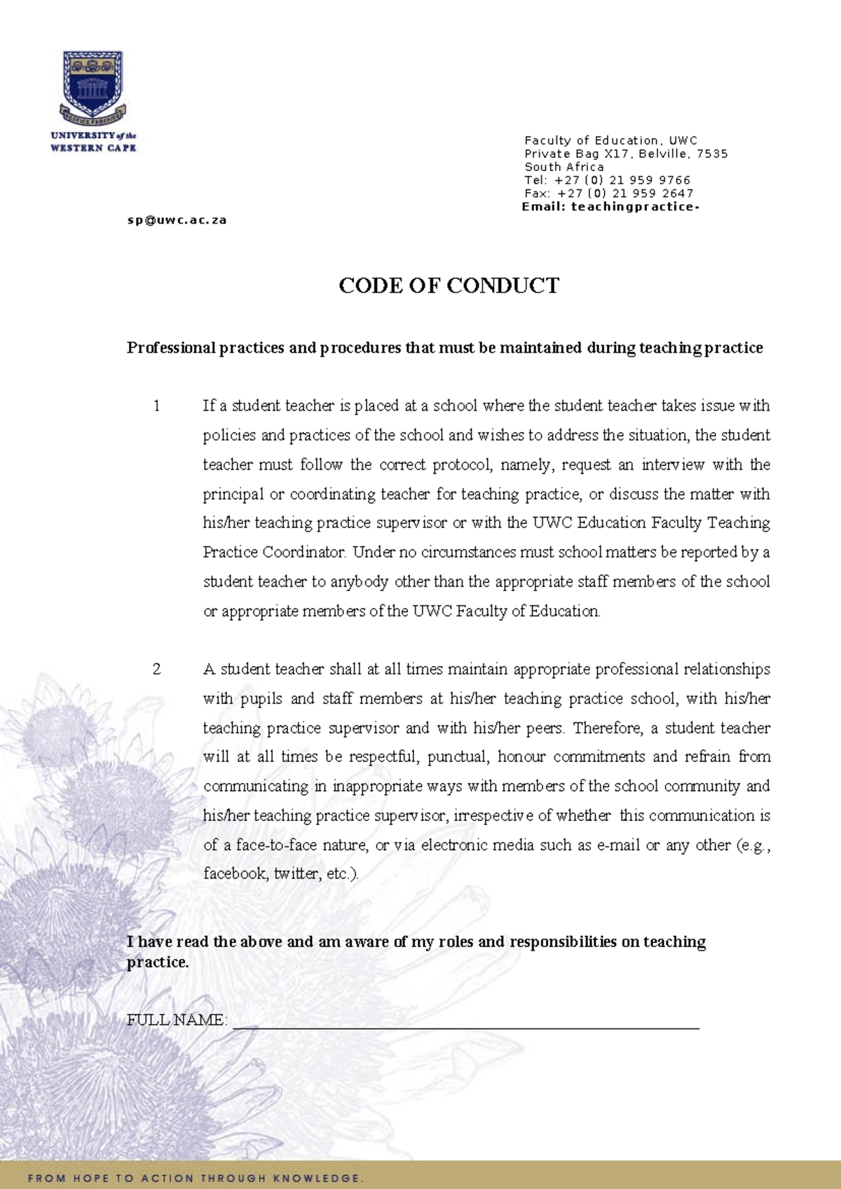 TP code of conduct 2024 - practice - Faculty of Education, UWC Private ...