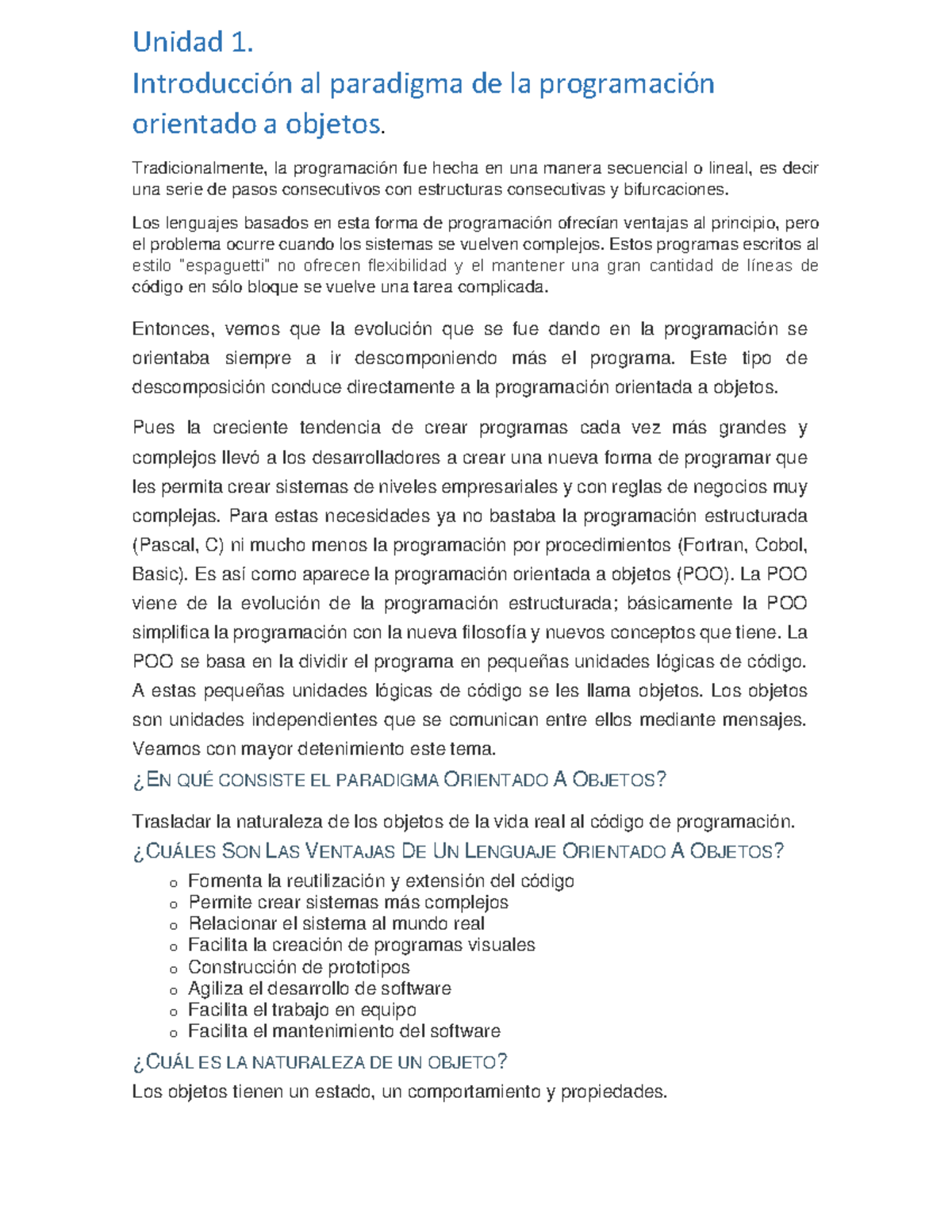 Unidad 1 - conceptos básicos de poo - Unidad 1. IntroducciÛn al paradigma de la programaciÛn ...