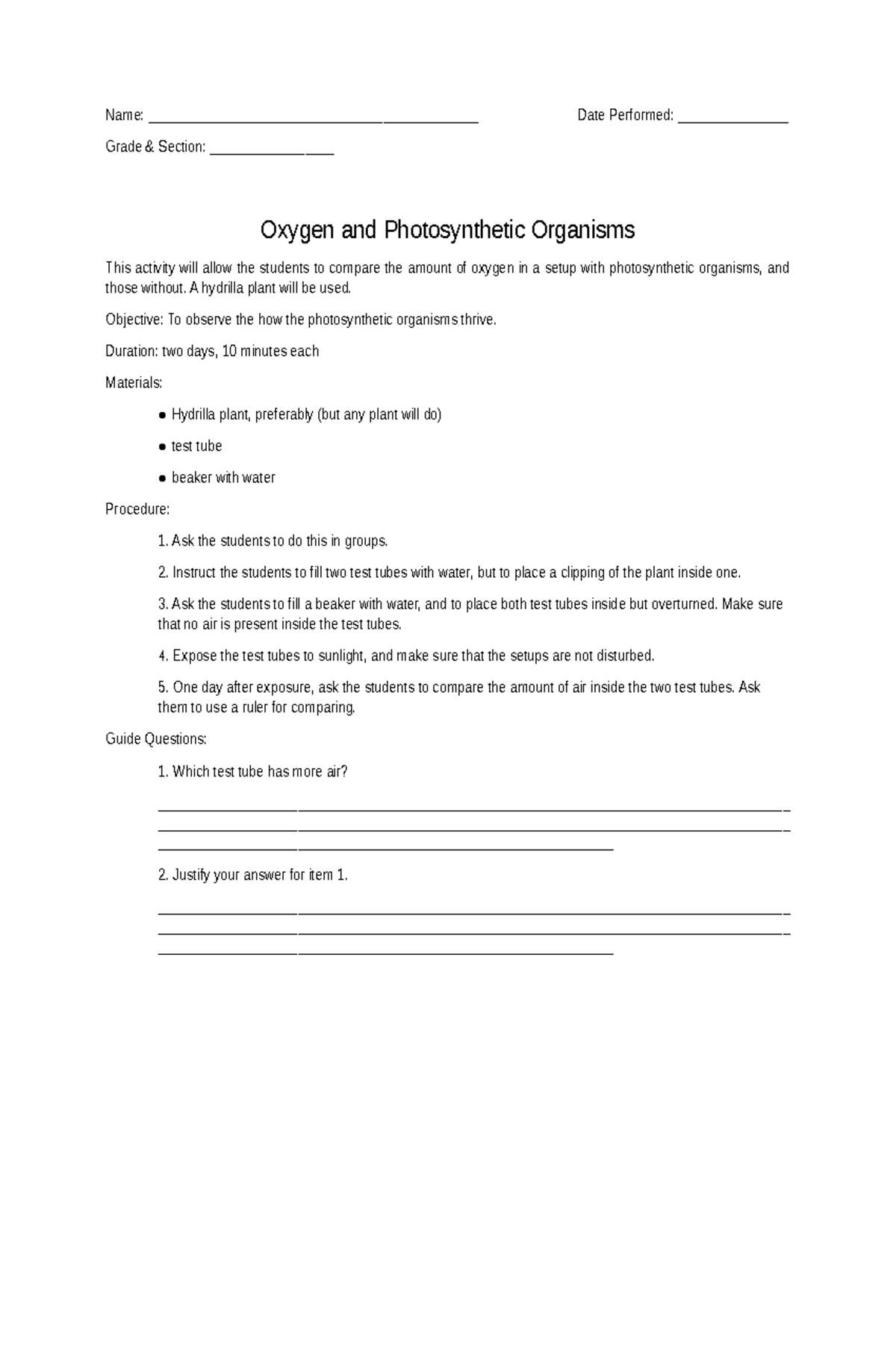 Oxygen and Photosynthetic Organisms - Name