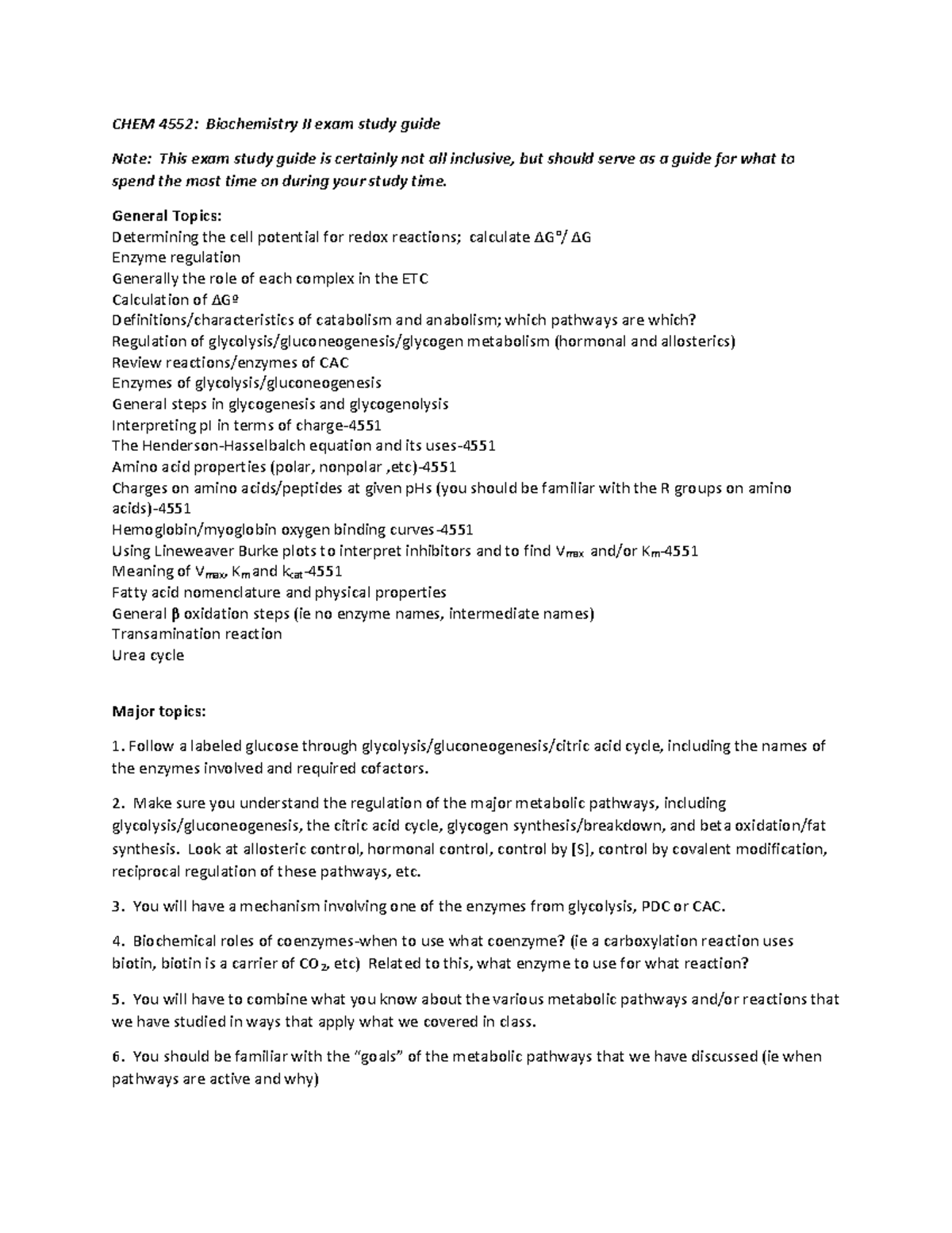 Biochemistry II exam study guide sp23 - CHEM 4552: Biochemistry II exam ...