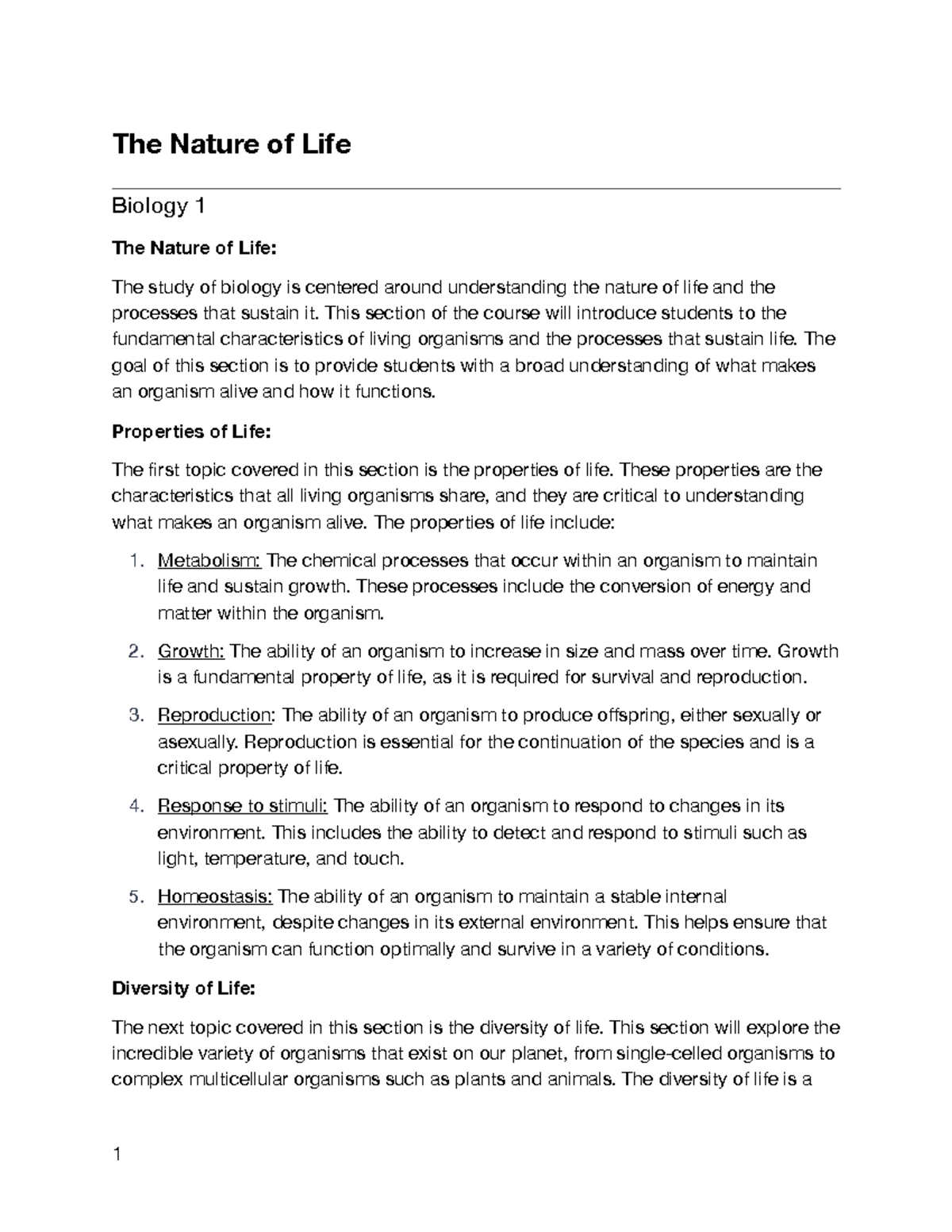 The Nature of Life Summary - The Nature of Life Biology 1 The Nature of ...