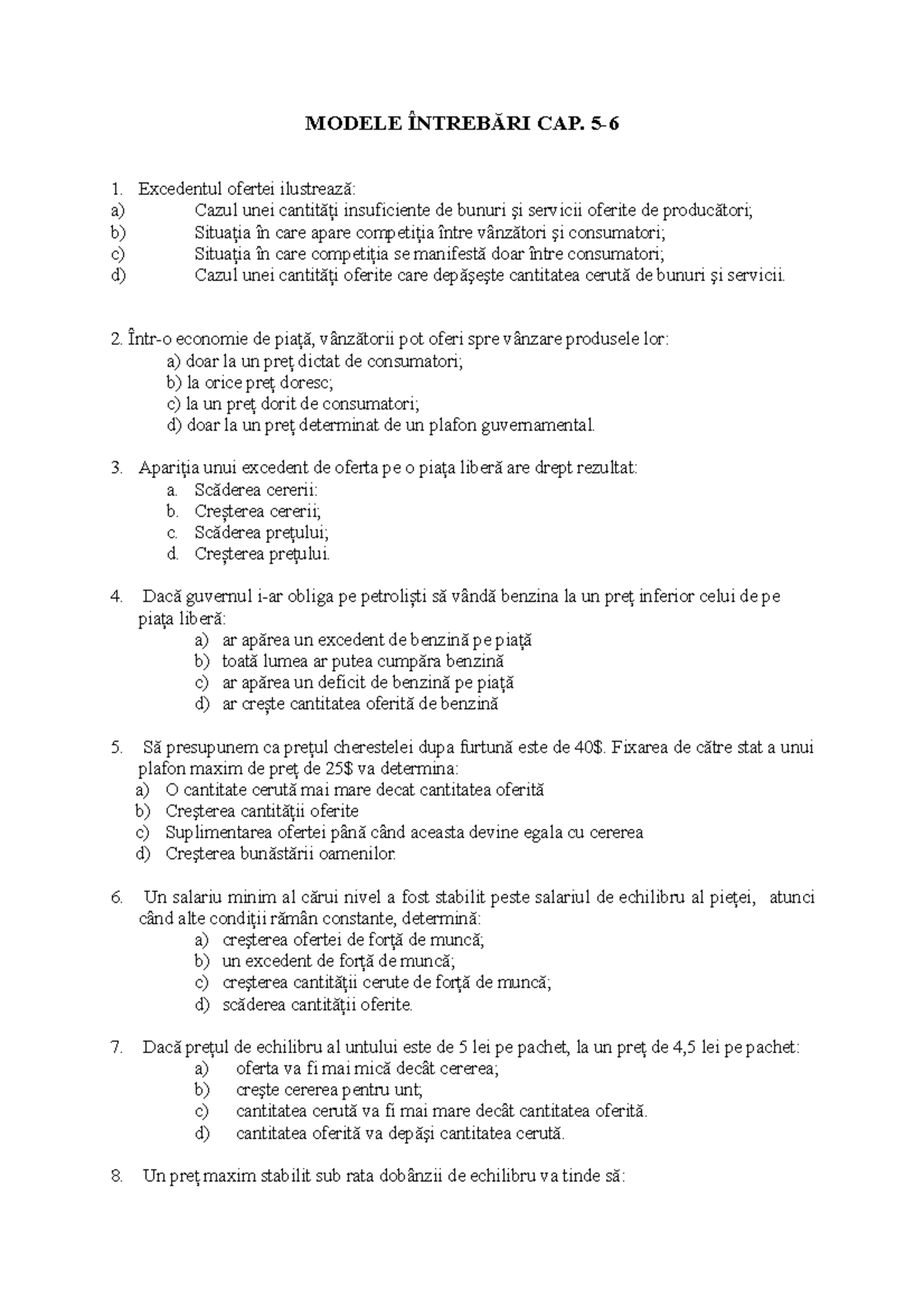 Modele Intrebari CAP 5 6 - MODELE ÎNTREBĂRI CAP. 5- Excedentul ofertei ...