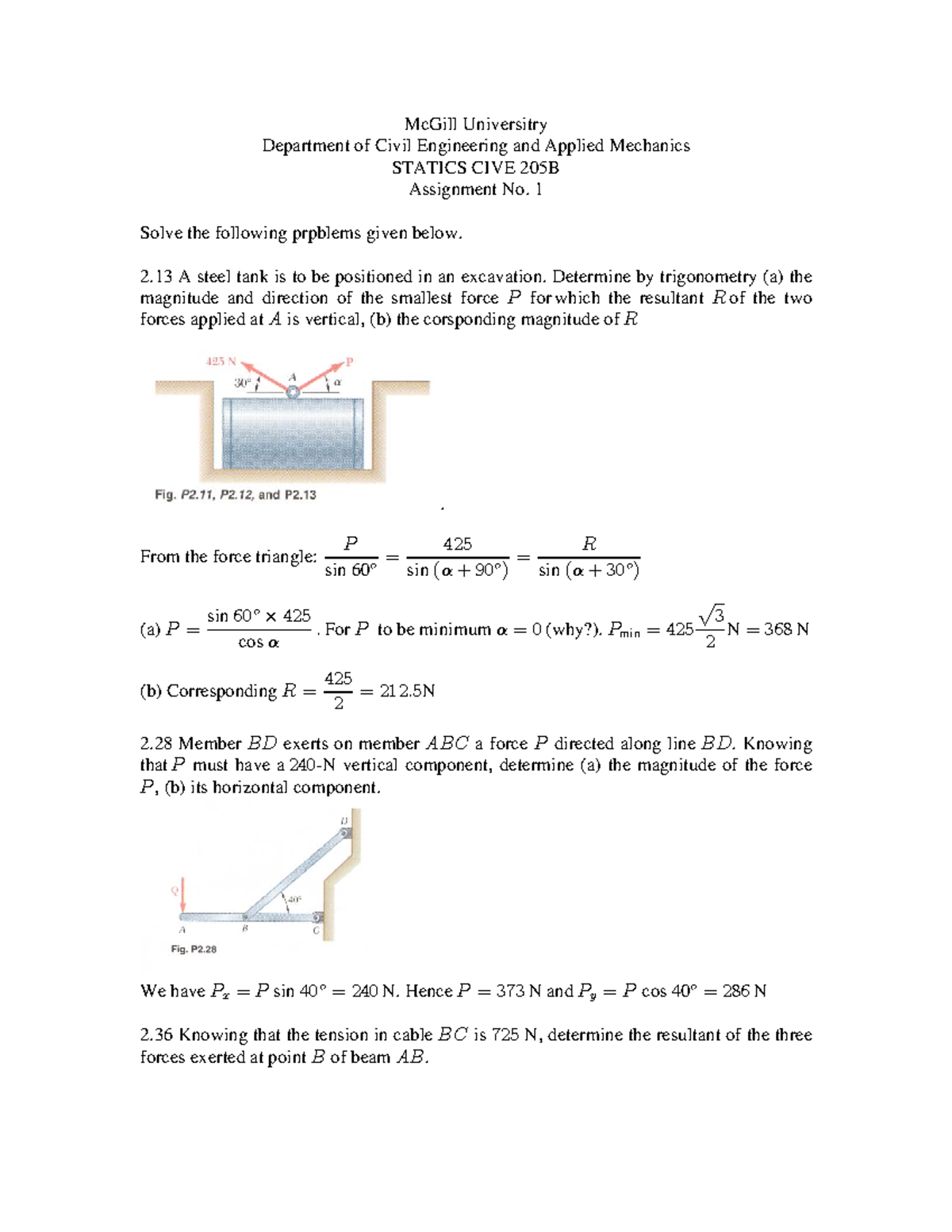Assignment 1 Sol - McGill Universitry Department of Civil Engineering ...