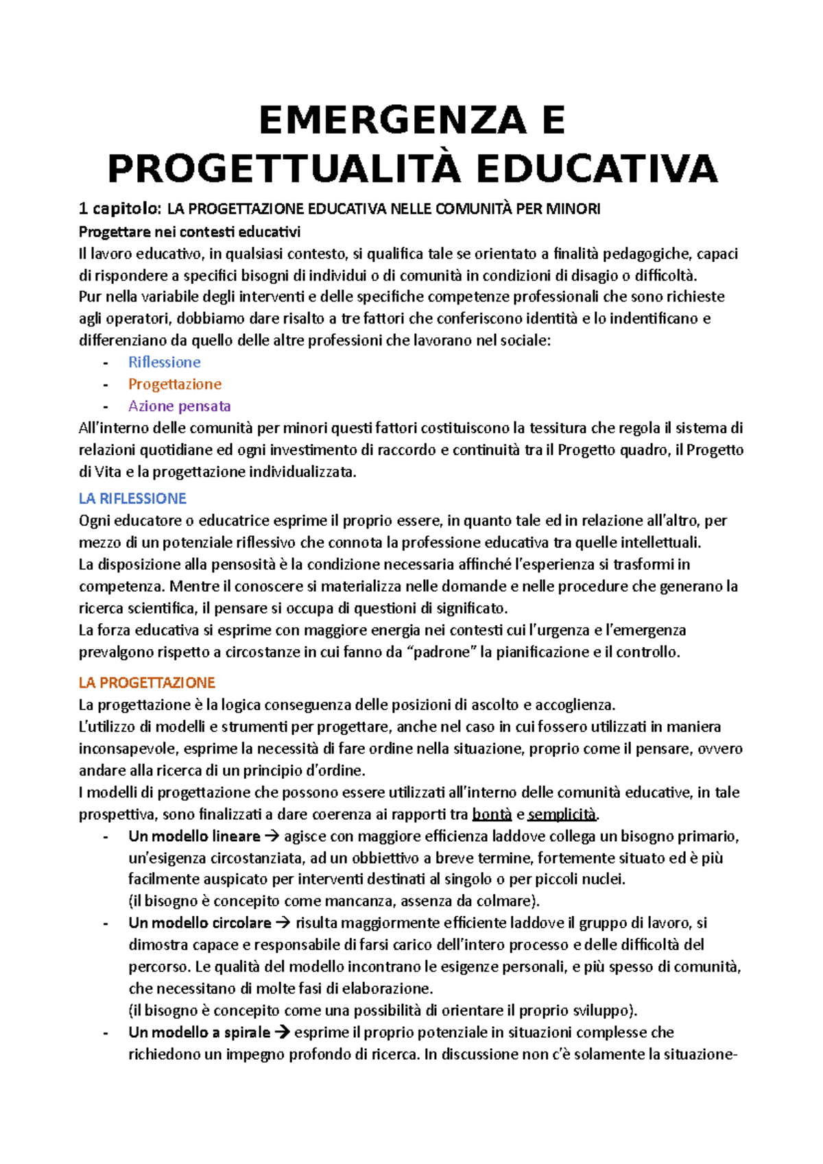 Emergenza E Progettualita' Educativa (riassunto) - EMERGENZA E PROGETTUALITÀ EDUCATIVA 1 ...