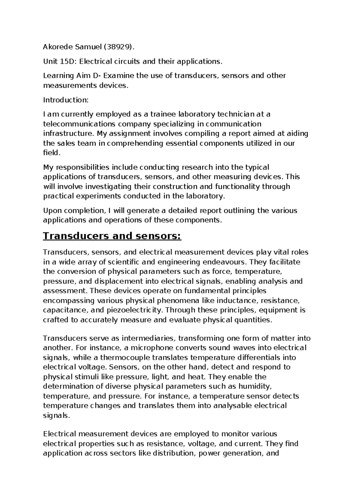 Unit 15D - Akorede Samuel (38929). Unit 15D: Electrical circuits and ...