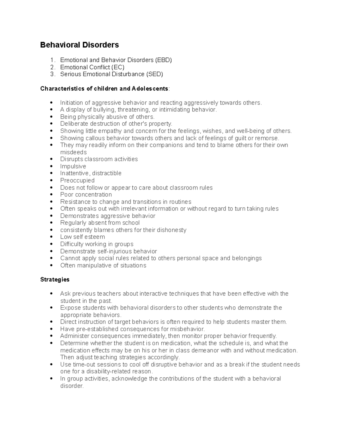 Behavioral Disorders - notes - Behavioral Disorders Emotional and ...