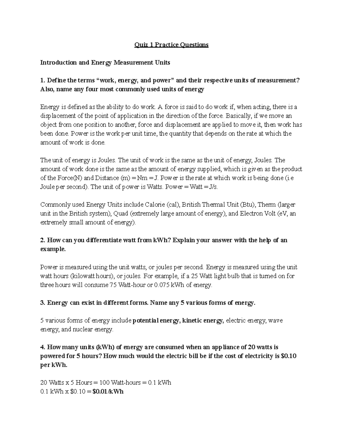 Chy583 Quiz 1 Practice Questions Quiz 1 Practice Questions Introduction And Energy Measurement 