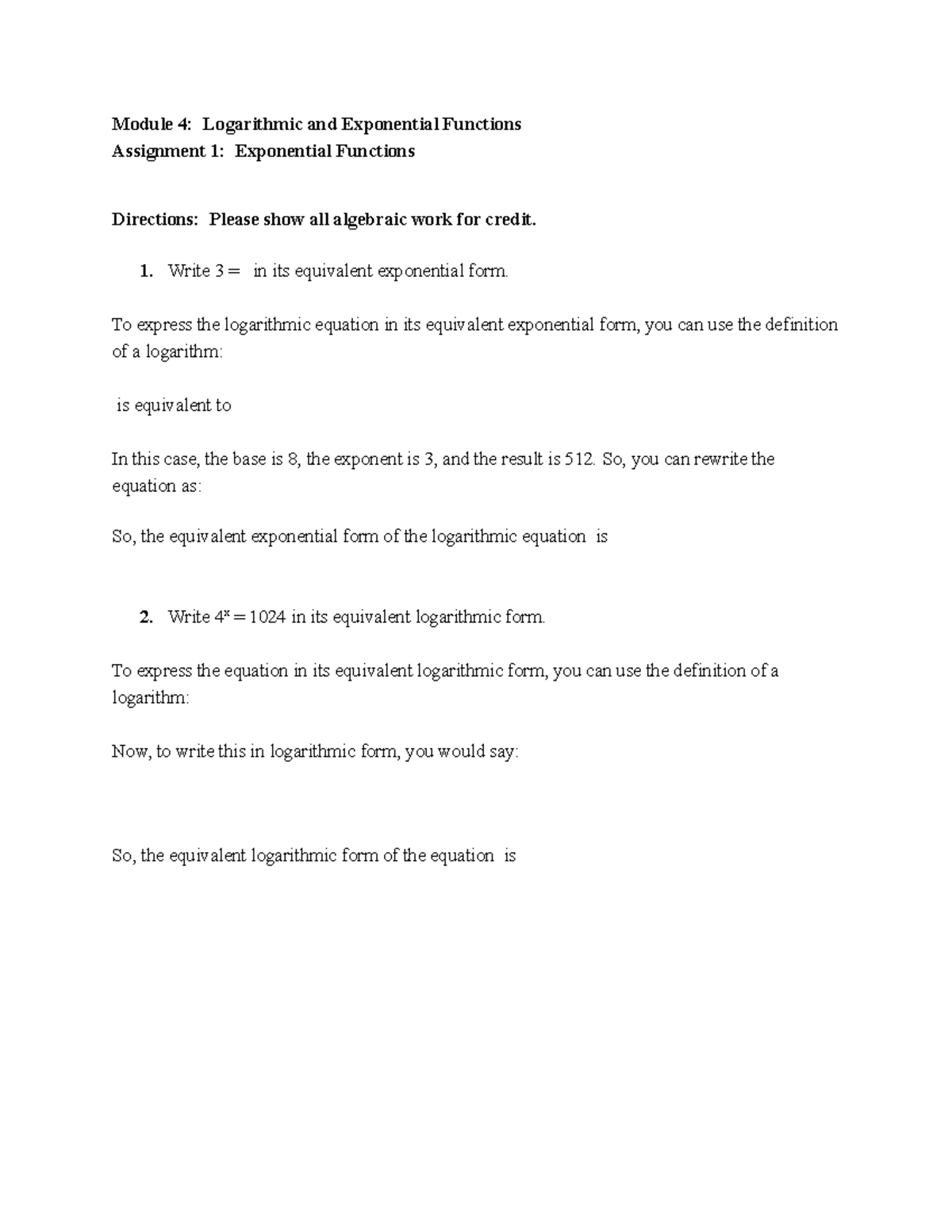 Assignment 4.1 Exponential Functions Answers - Module 4: Logarithmic and Exponential Functions ...