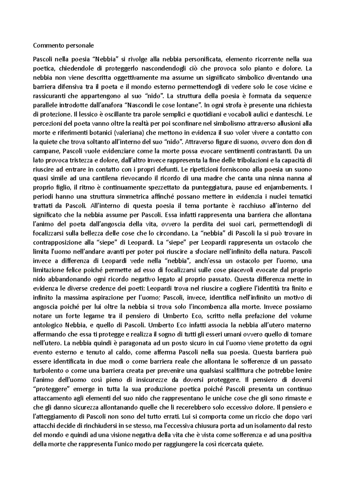 Pascoli Nebbia - Commento personale Pascoli nella poesia “Nebbia” si ...