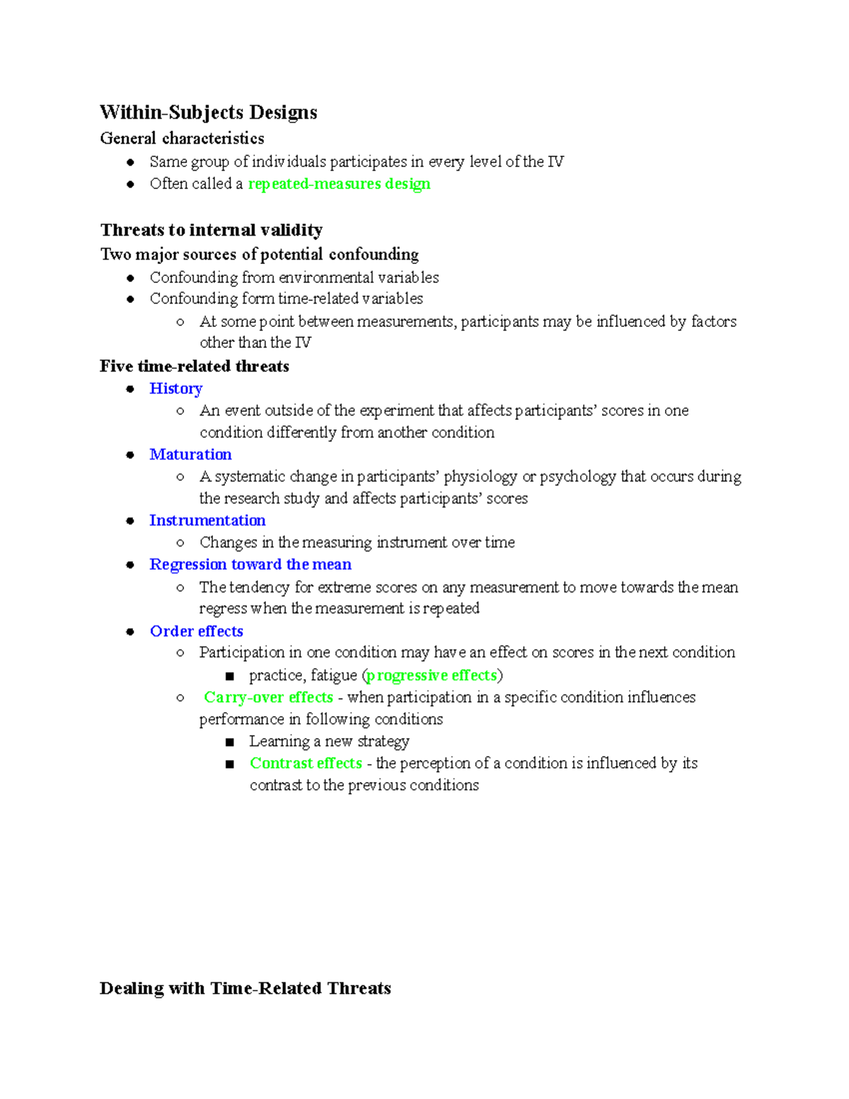 Chapter 9 - notes on within-subjects design along with threats to ...