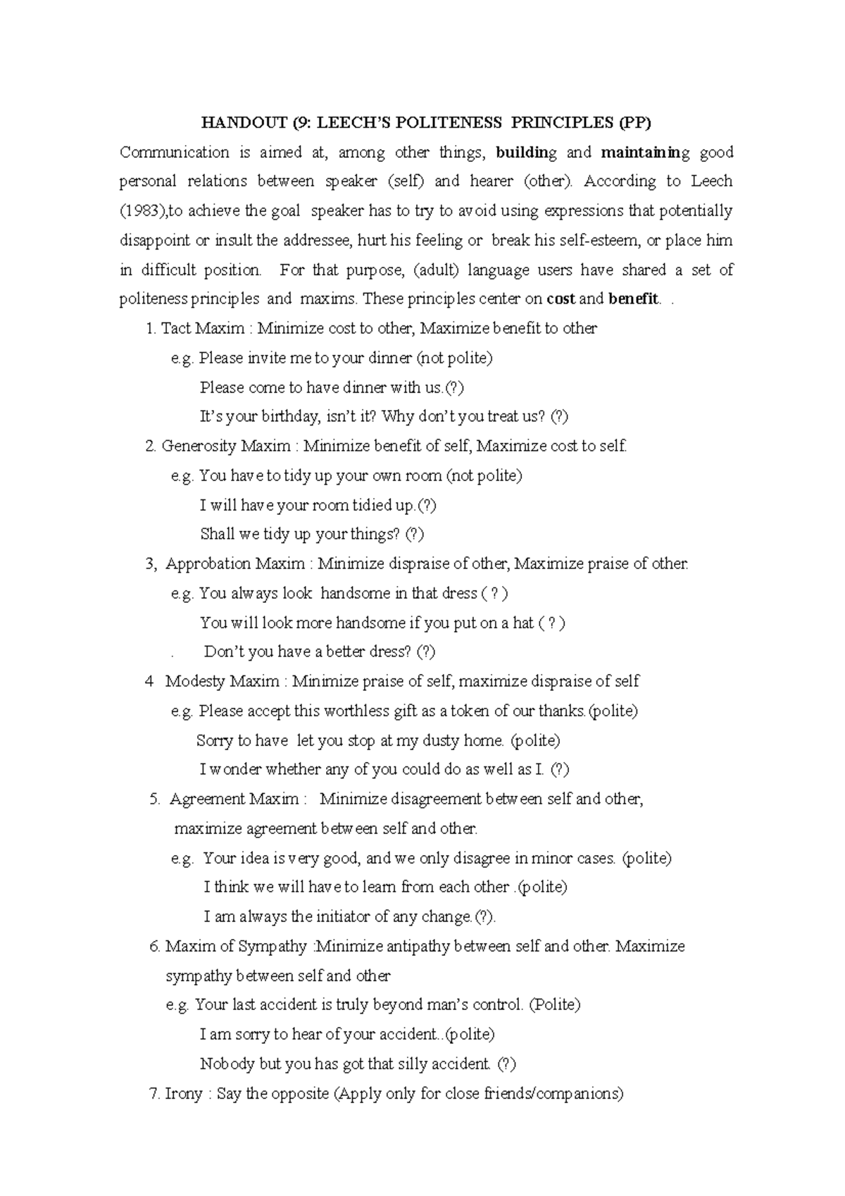 Handout (9) Principles OF Politeness - HANDOUT (9: LEECH’S POLITENESS ...
