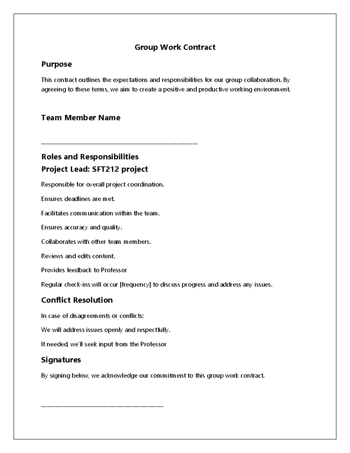 SFT Group Work Contract - Group Work Contract Purpose This contract ...