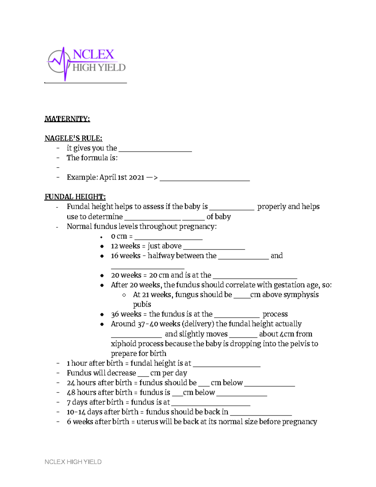 Maternity Worksheet - MATERNITY: NAGELE’S RULE: it gives you the ...