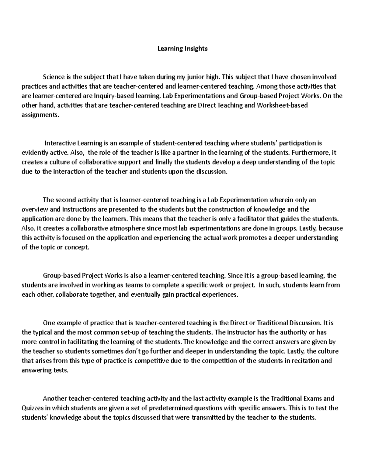 FLCT Learning Activity 1 - Learning Insights Science is the subject ...