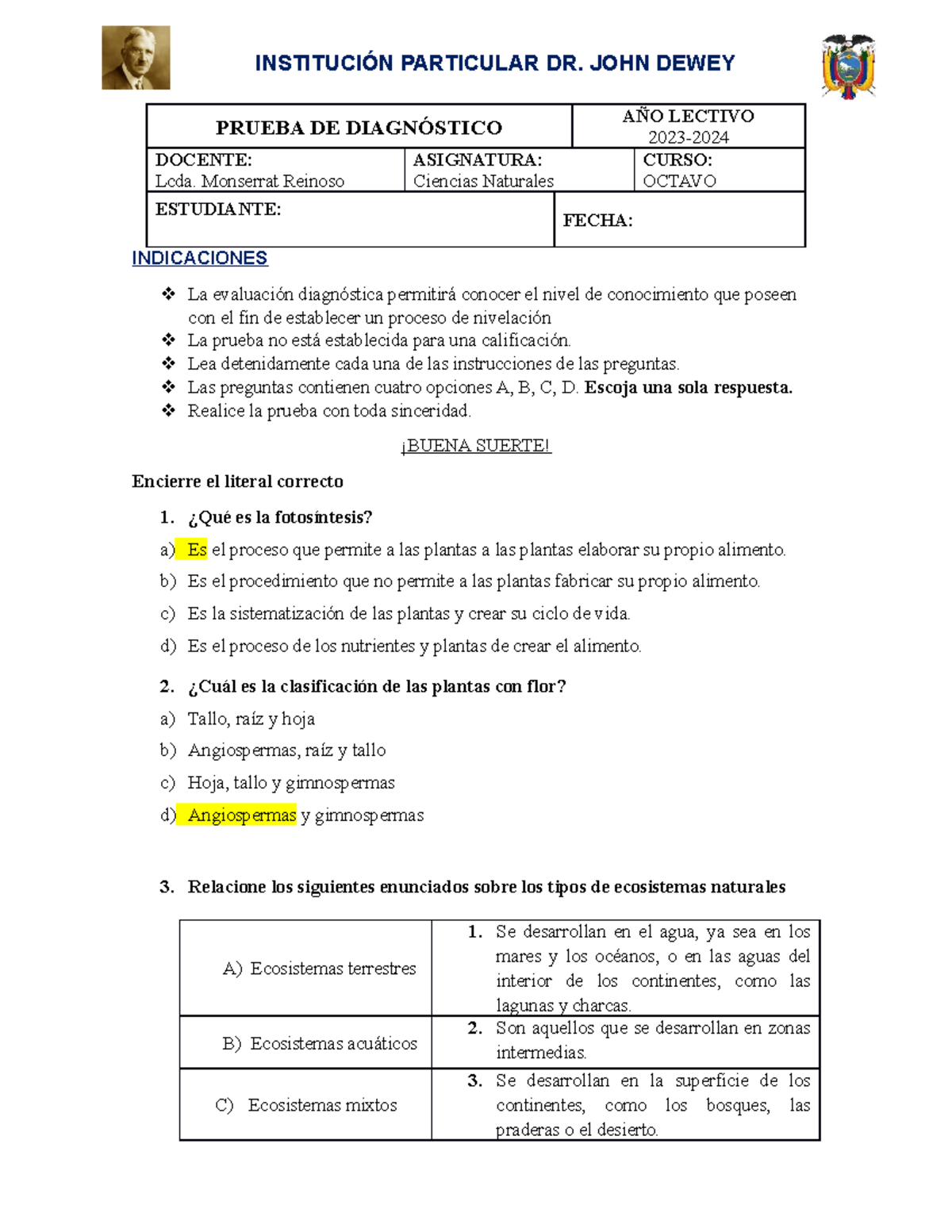 Prueba Diagnostica 8VO - INSTITUCIÓN PARTICULAR DR. JOHN DEWEY ...