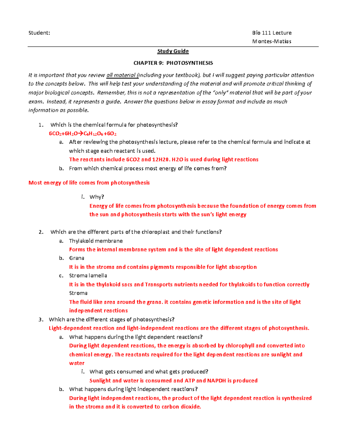 Ch 9 Study Guide- Photosynthesis - Student: Bio 111 Lecture Montes ...