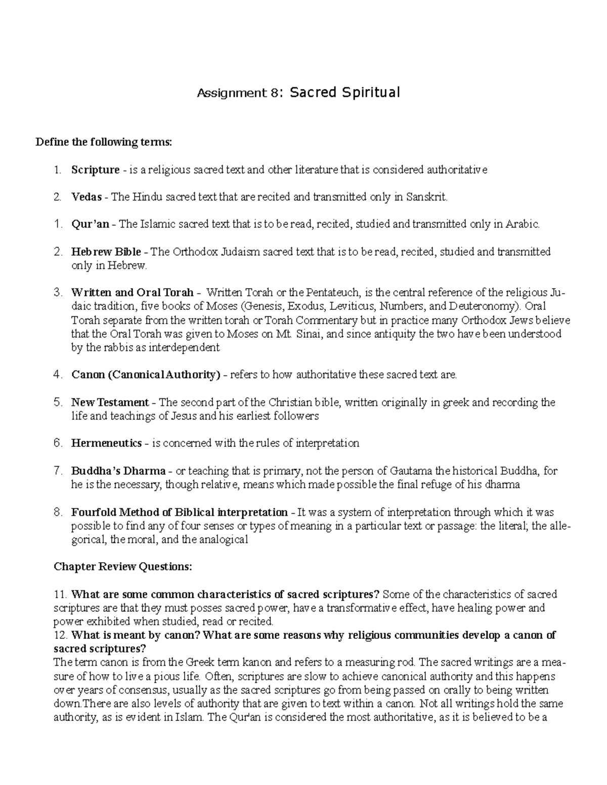 ASSIGNMENT 8 Sacred spiritual - Assignment 8: Sacred Spiritual Define ...