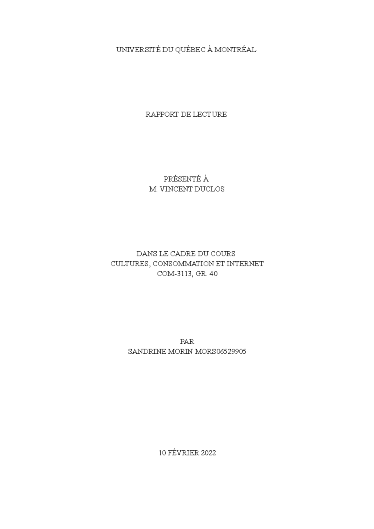 COM3113 Résumé 1 - UNIVERSITÉ DU QUÉBEC À MONTRÉAL RAPPORT DE LECTURE ...