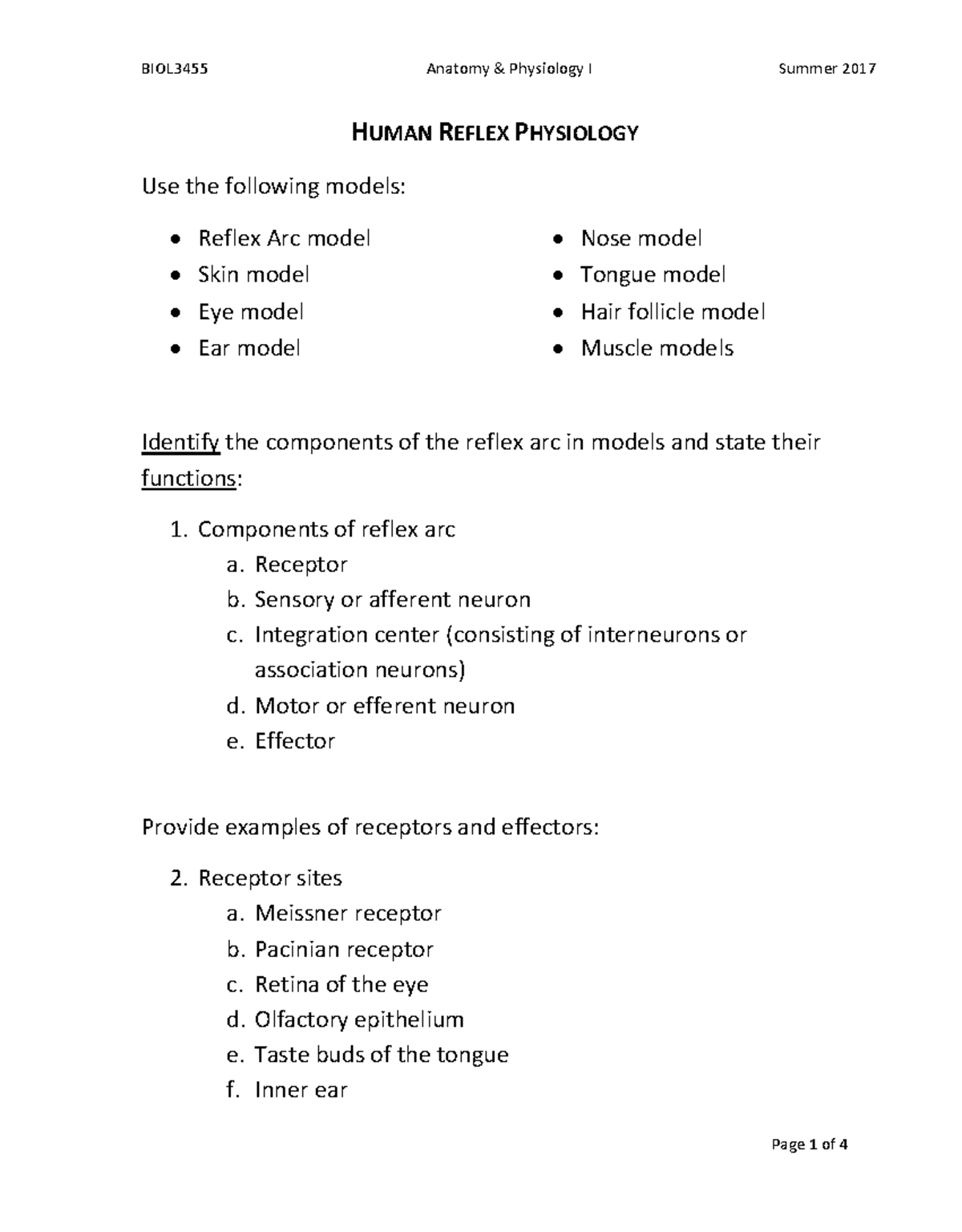 Outline - Lab Exercise 21 - HUMAN REFLEX PHYSIOLOGY Use the following models: Reflex Arc model ...