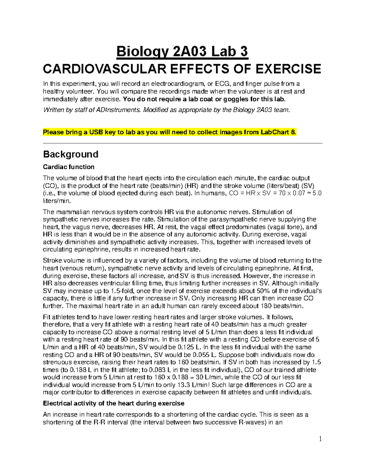 Lab3-manual- Biology 2A03 Lab 3 CARDIOVASCULAR EFFECTS OF EXERCISE In this experiment, you will ...