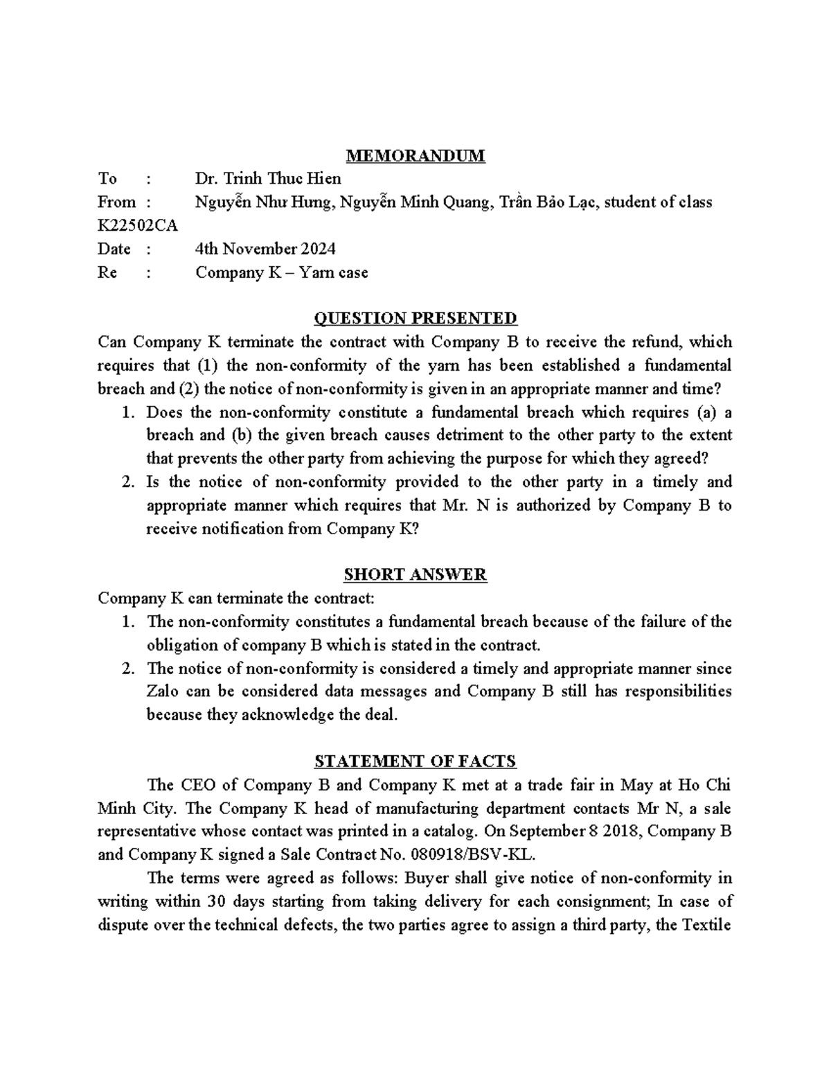 Group 6 - Memorandum - memoranda - MEMORANDUM To : Dr. Trinh Thuc Hien ...