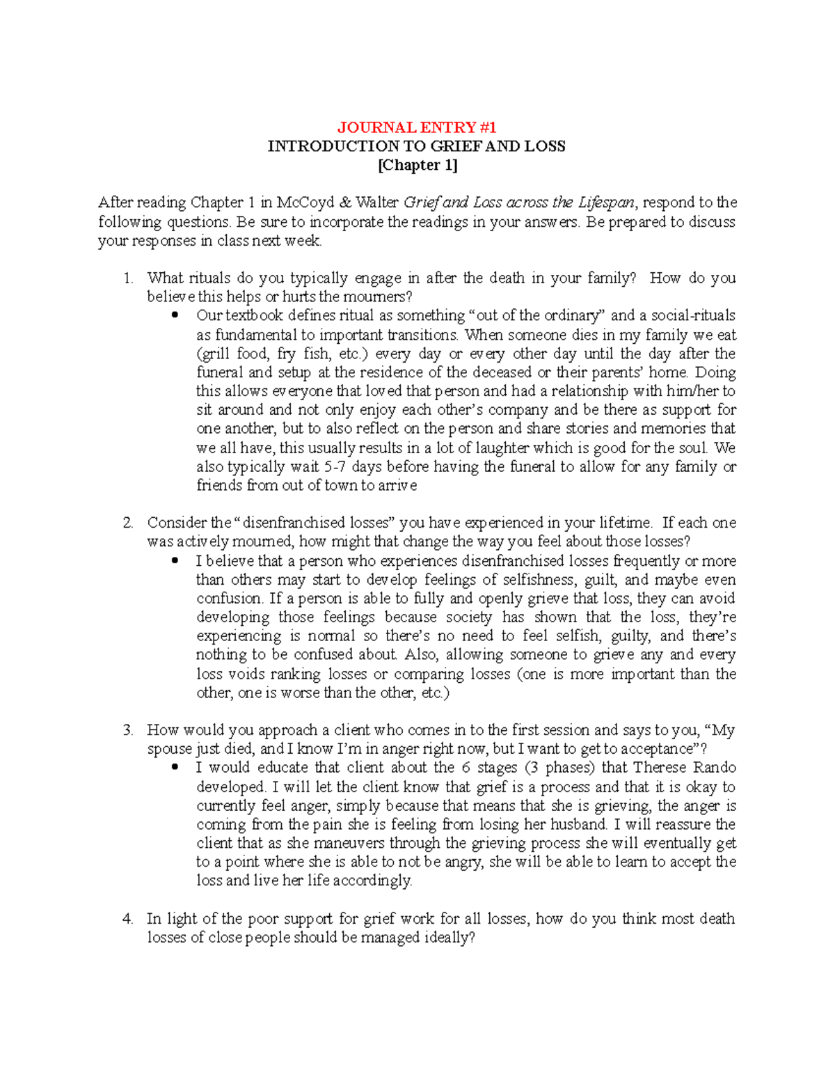 Grief and loss Journal Entry - JOURNAL ENTRY INTRODUCTION TO GRIEF AND ...