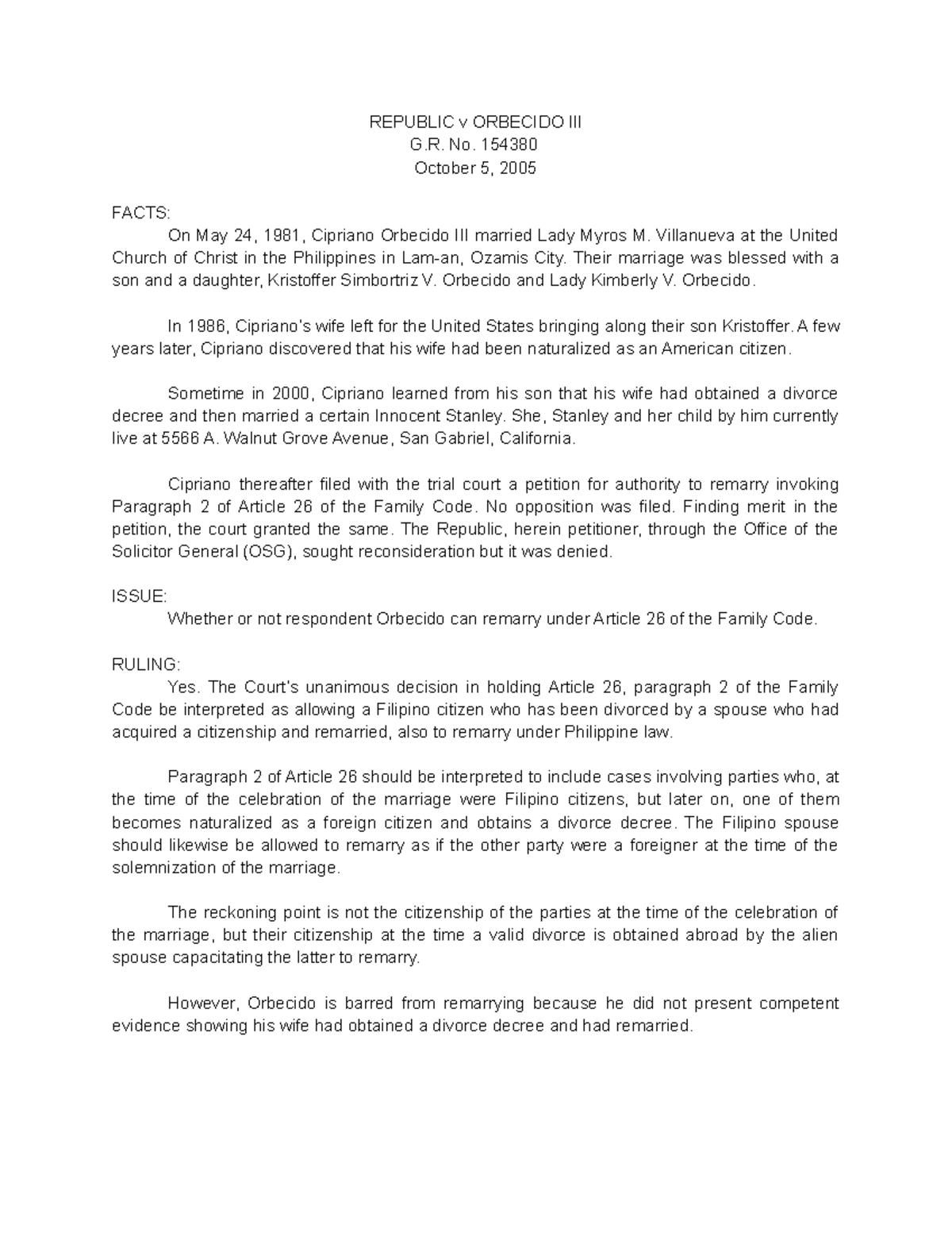 Republic v Orbecido III G.R. No. 154380 - REPUBLIC v ORBECIDO III G. No ...