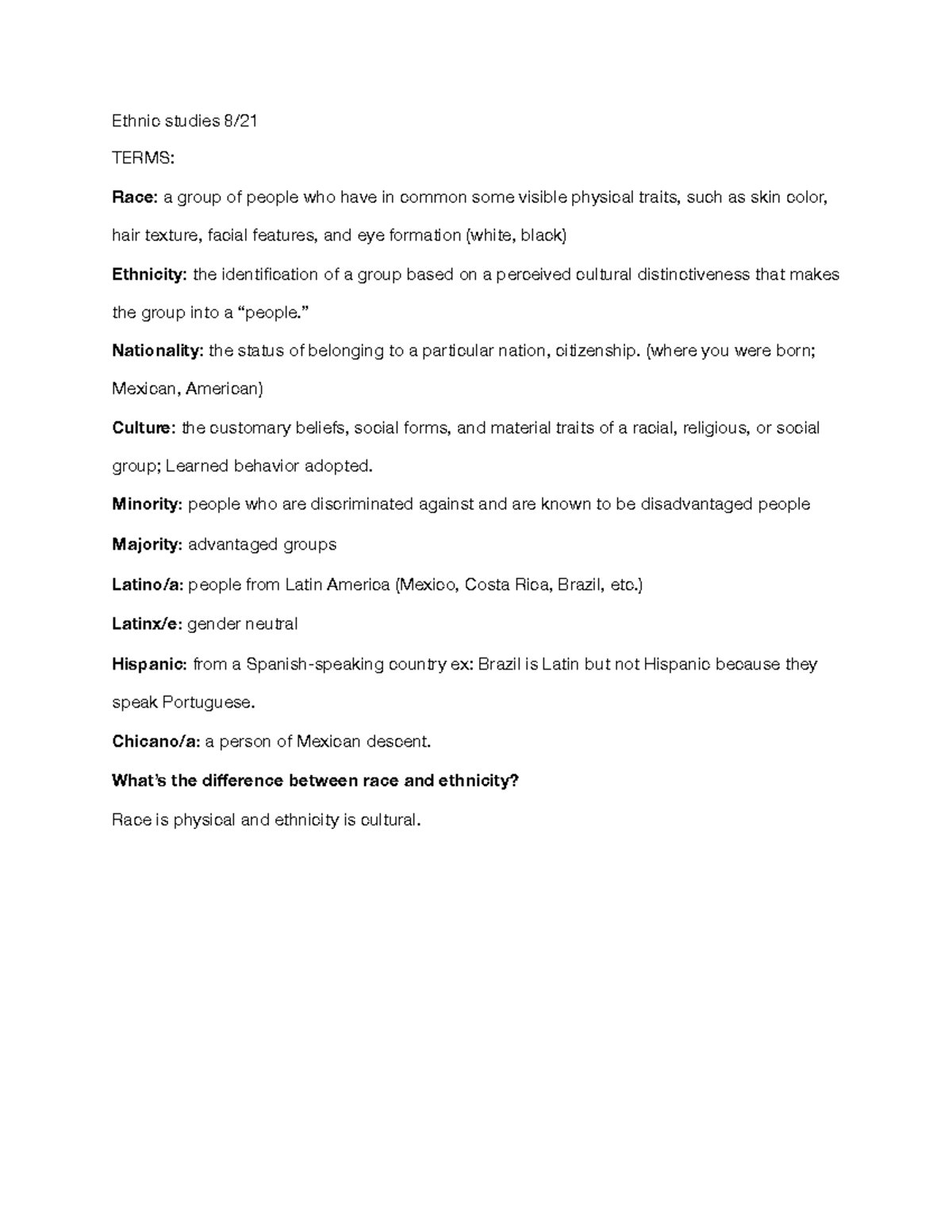 Ethnic studies - Different defined terms - ETHN 010 - COS - Studocu