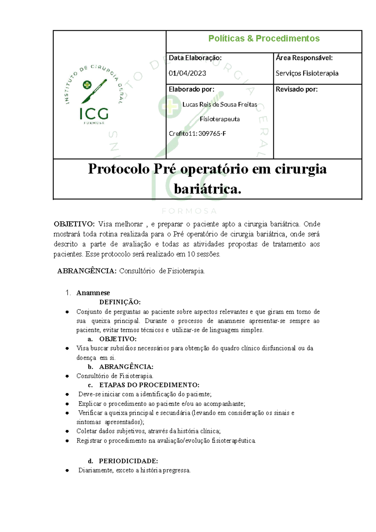 Pop Pre operatorio - .... - Data Elaboração: 01/04/ Área Responsável ...