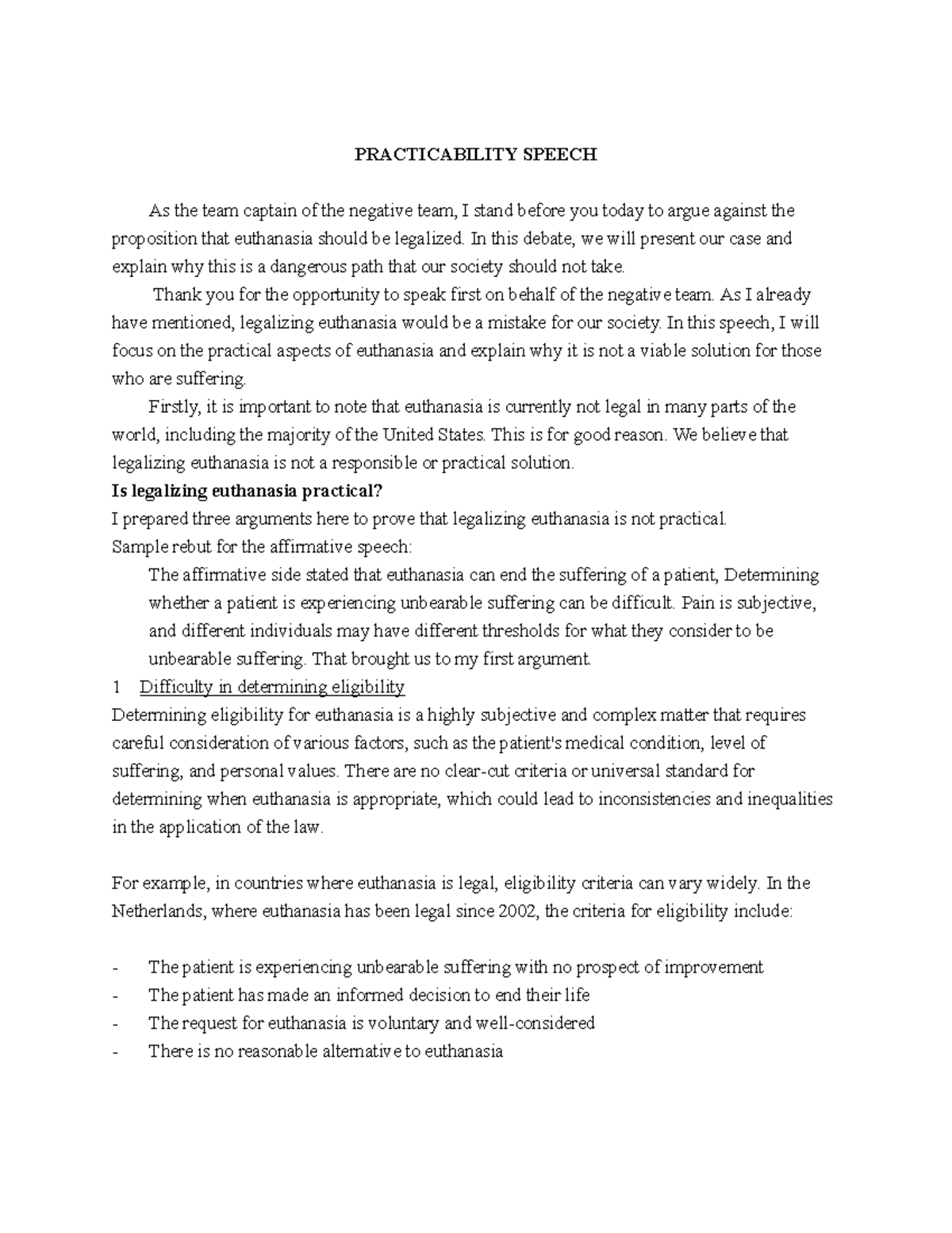 Practicability Speech - PRACTICABILITY SPEECH As the team captain of ...