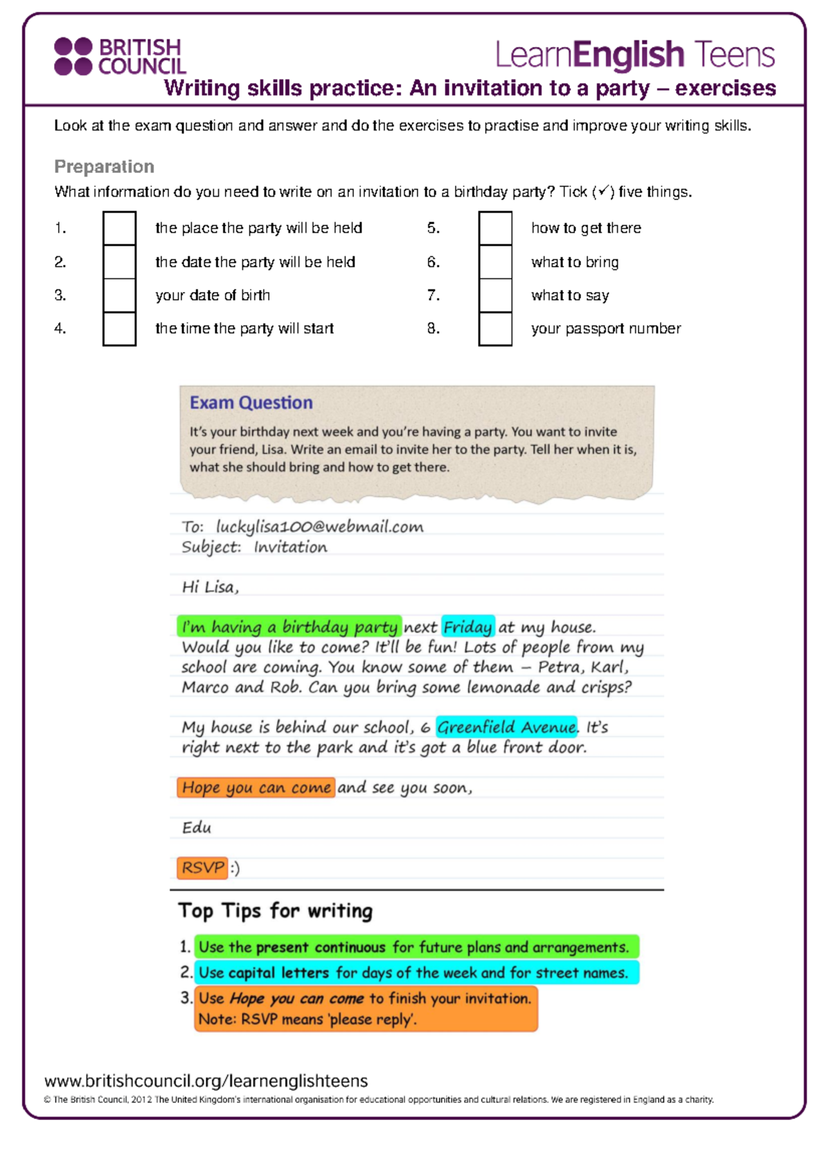 Writing Unidad 4 an invitation to a party - exercises 3 - Look at the ...