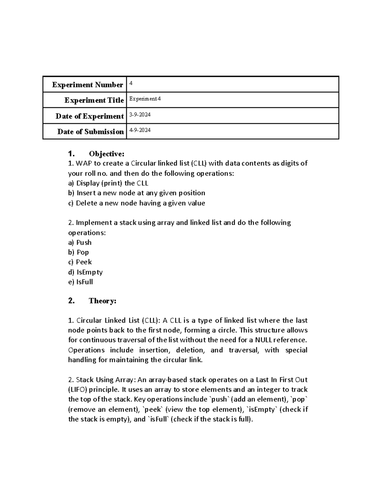 2330275 lab 4 - its assignment 4 - Experiment Number 4 Experiment Title Experiment 4 Date of ...