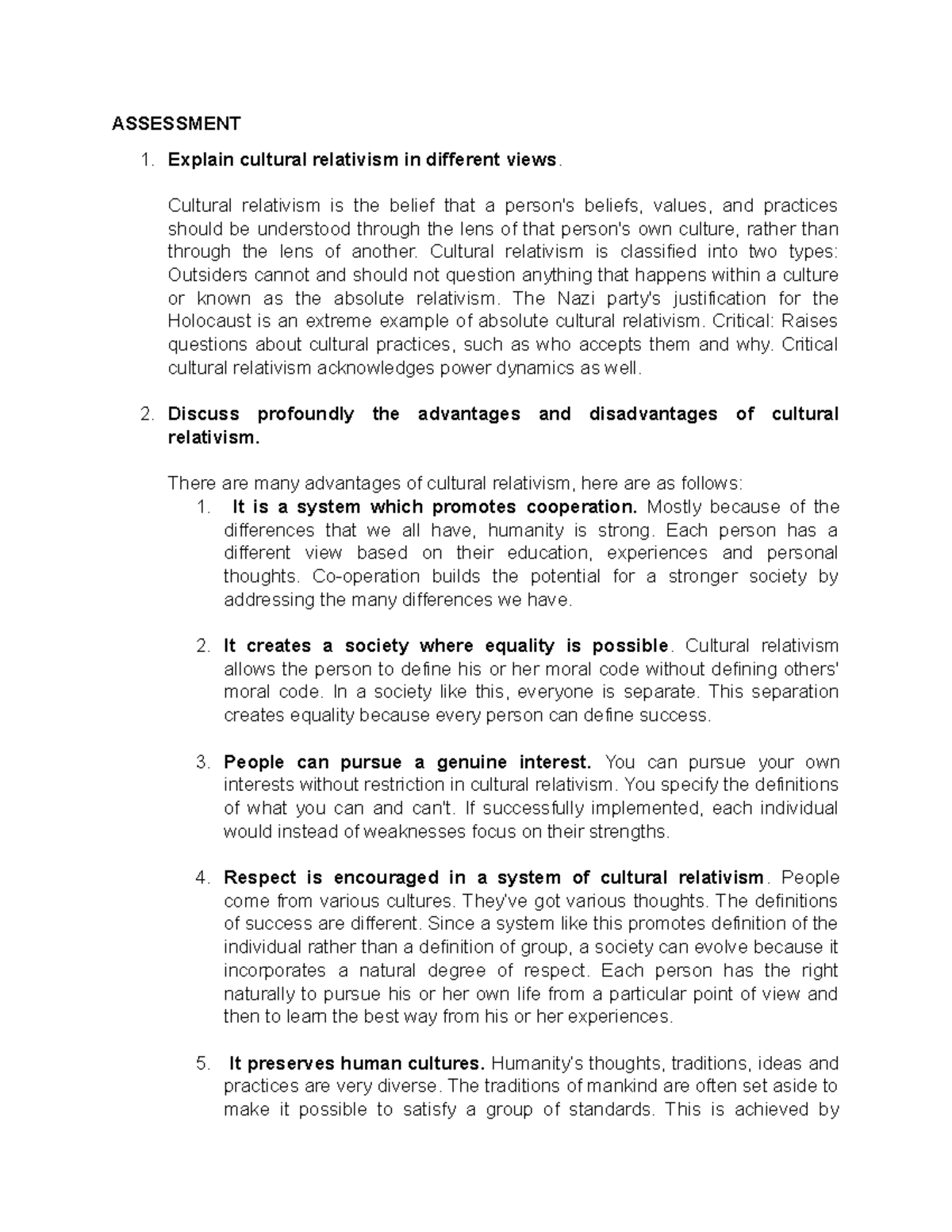 Cultural Relativism - Assessment - ASSESSMENT Explain cultural ...