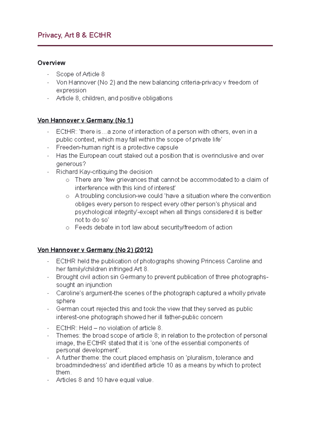 Privacy Article 8 - Privacy, Art 8 & ECtHR Overview Scope of Article 8 ...