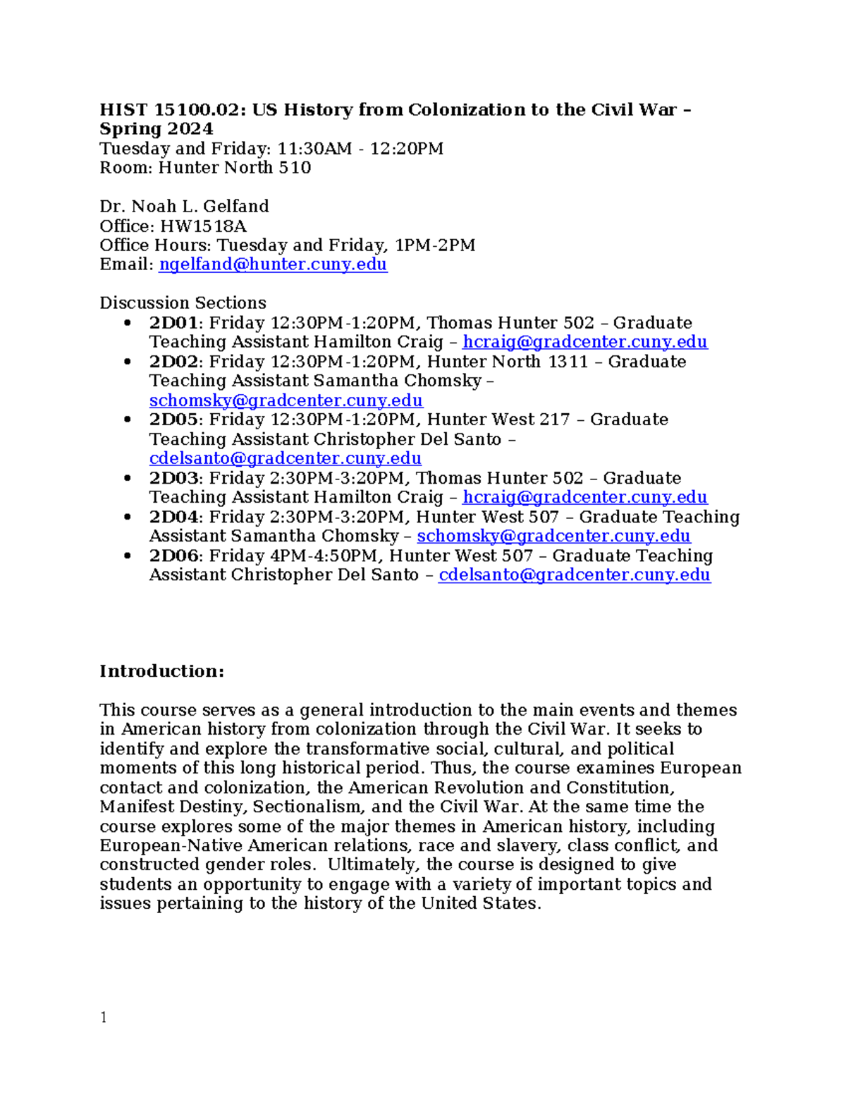 Hist 151.02 syllabus Spring 2024 - HIST 15100: US History from ...